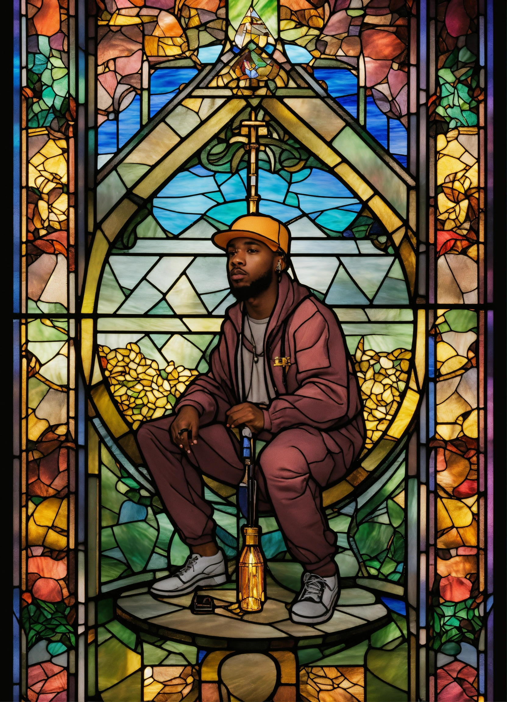 Lexica - HD, 4K, Background is a stained glass with images in the ...