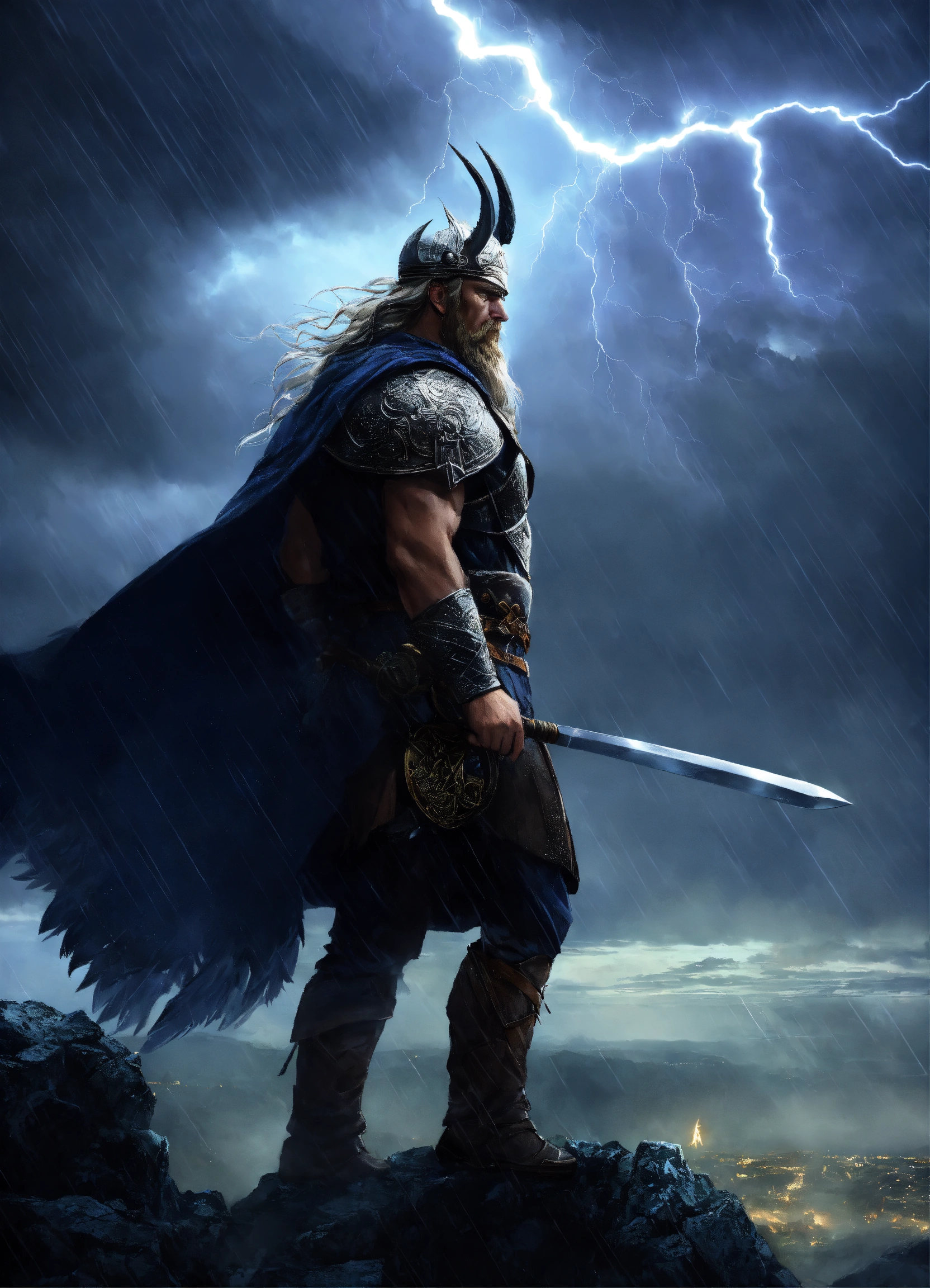 Lexica - Odin, axes, ravens in background, dramatic, lightning, warrior ...