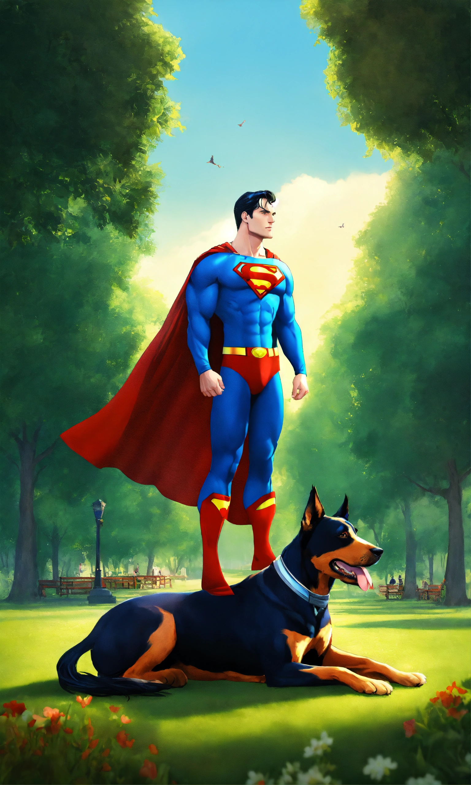 Lexica - Superman with his dog in the park, 2D render, full-body view ...