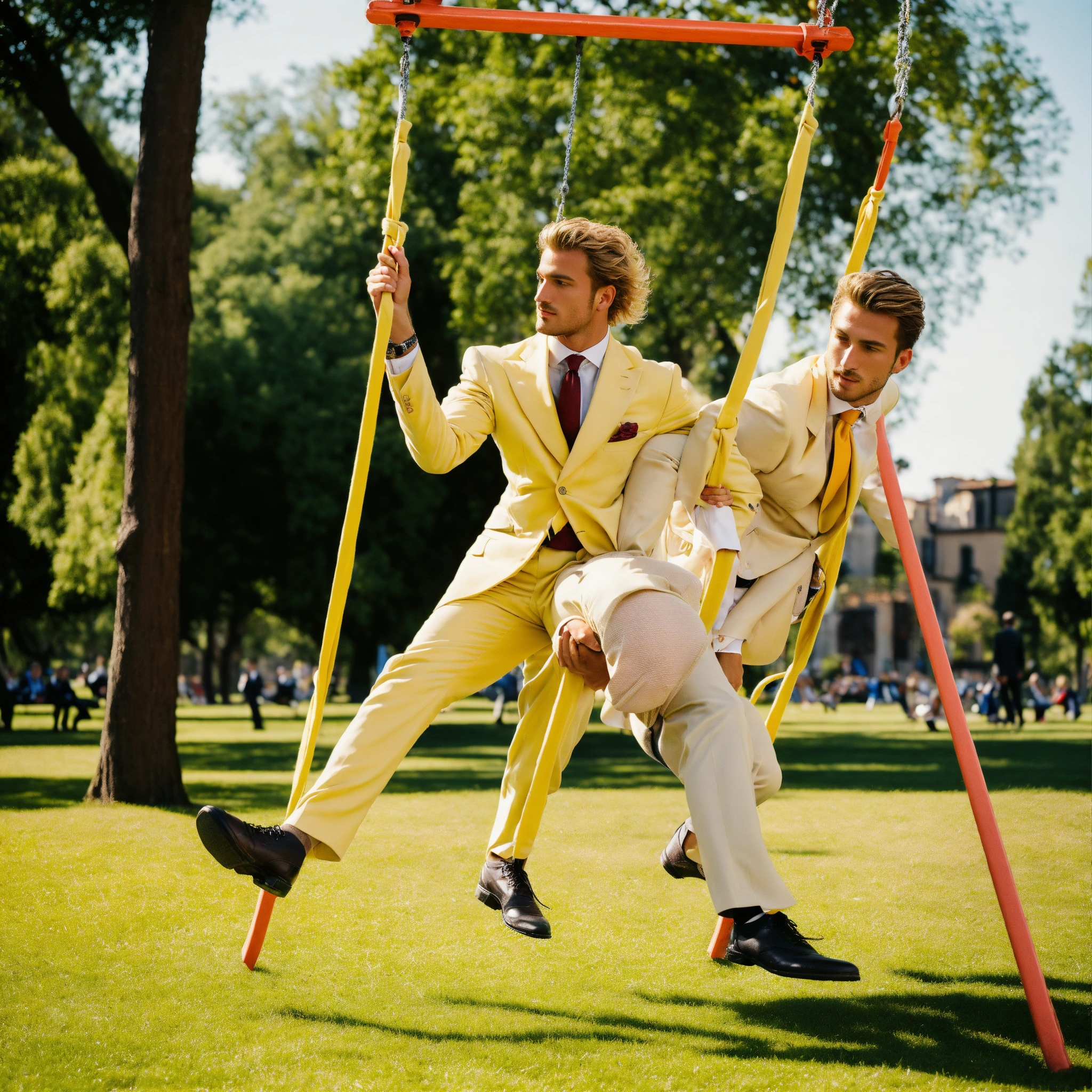 Lexica - Two young Italian sportsmen in pale yellow suit, large lapels ...
