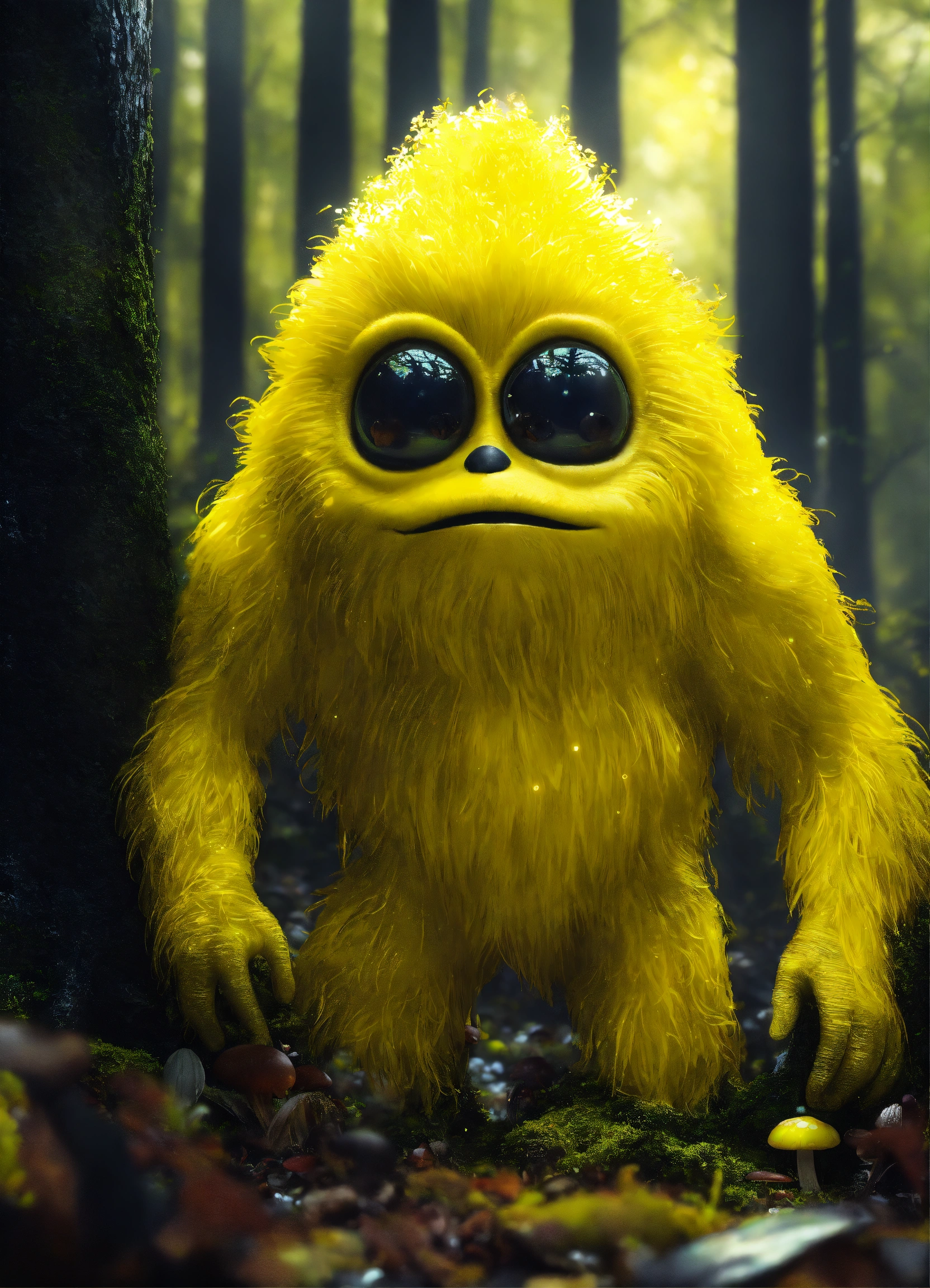 Lexica - A realiste yellow bigfoot alien , big eyes blacks , mushrooms ...