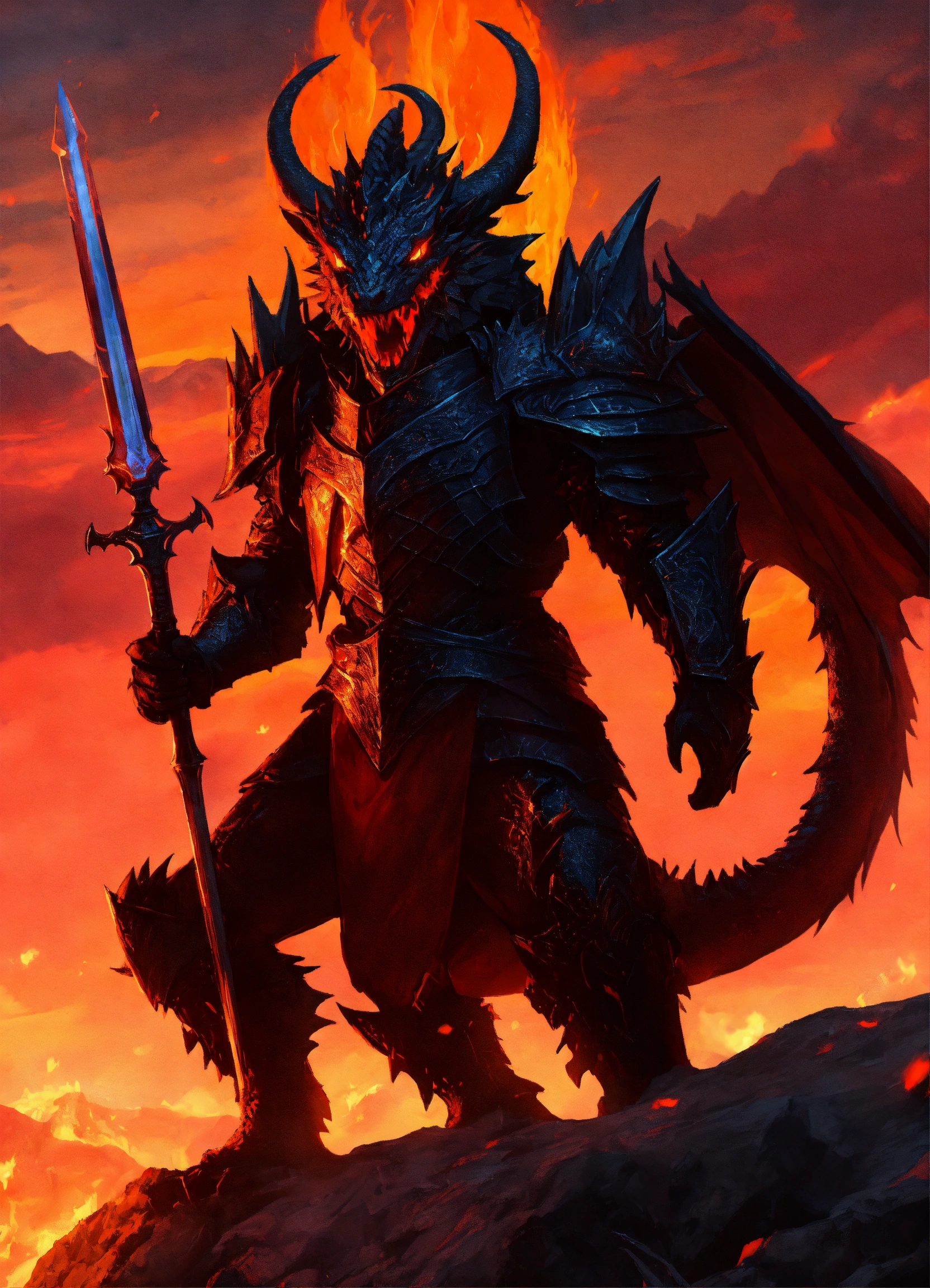 Lexica - Dragon lord, humanoid, black armor, flame sword, dragon shield ...