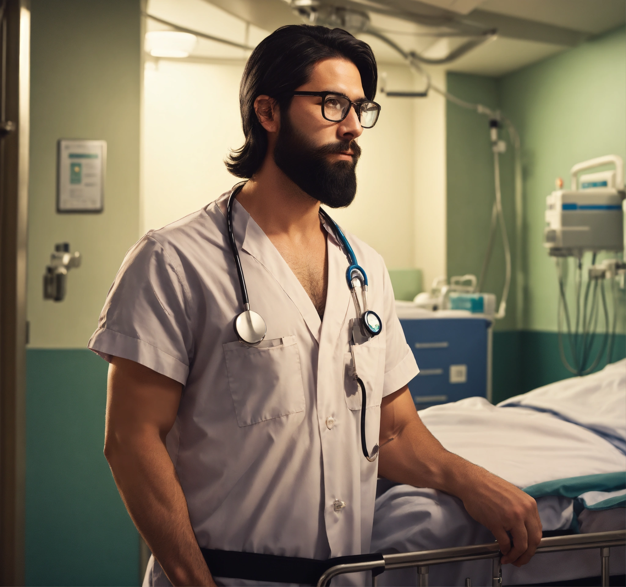 Lexica - Hospital nurse man with black long hair, and thin beard with ...