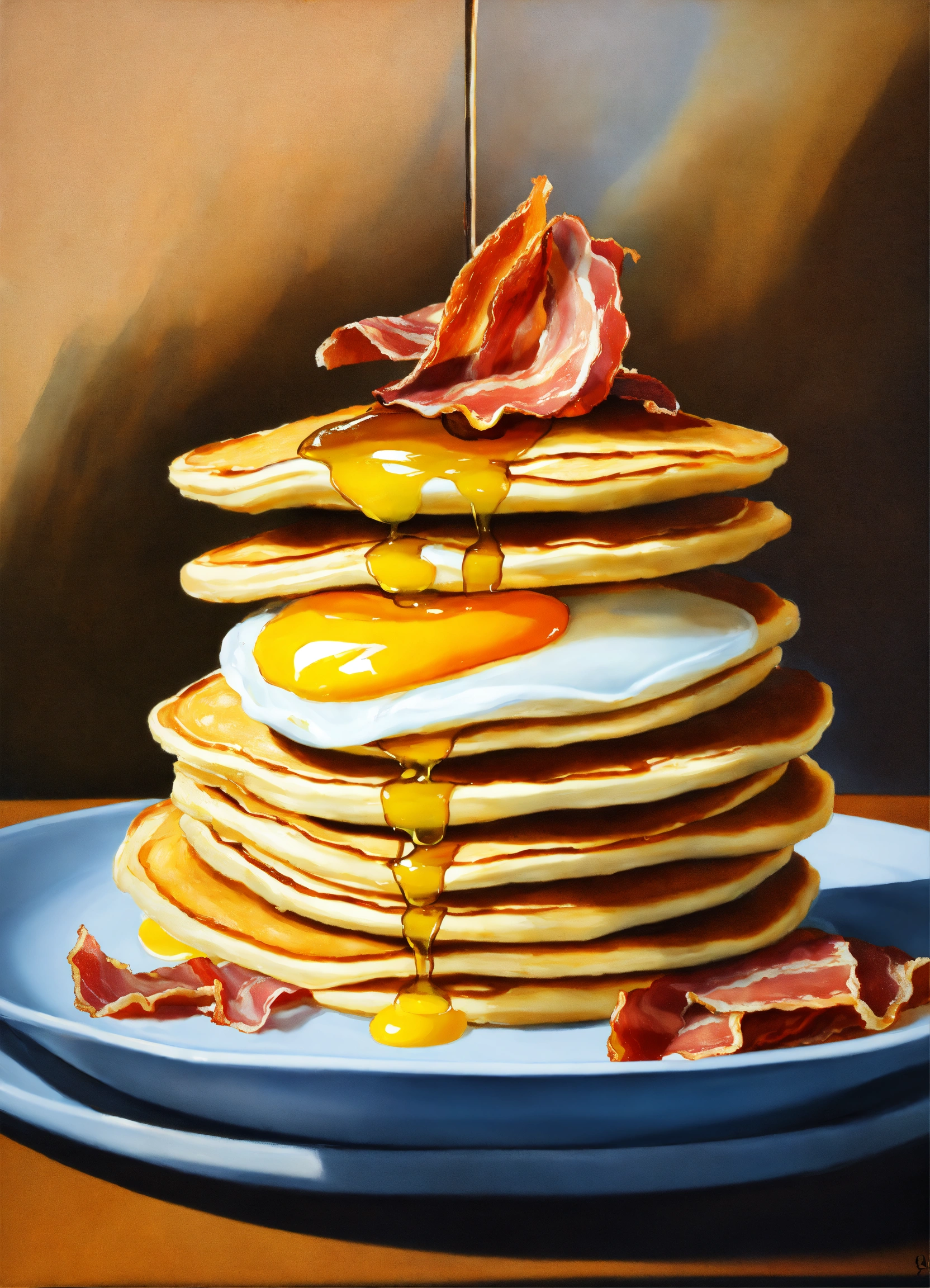 Lexica - A realistic painting of a stack of pancakes, bacon, eggs with ...