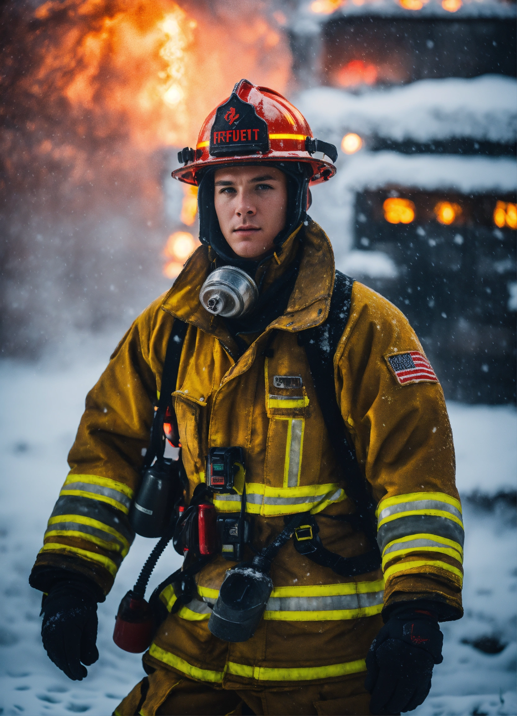 Lexica - A handsome blond firefighter, wearing protective gear, gloves ...