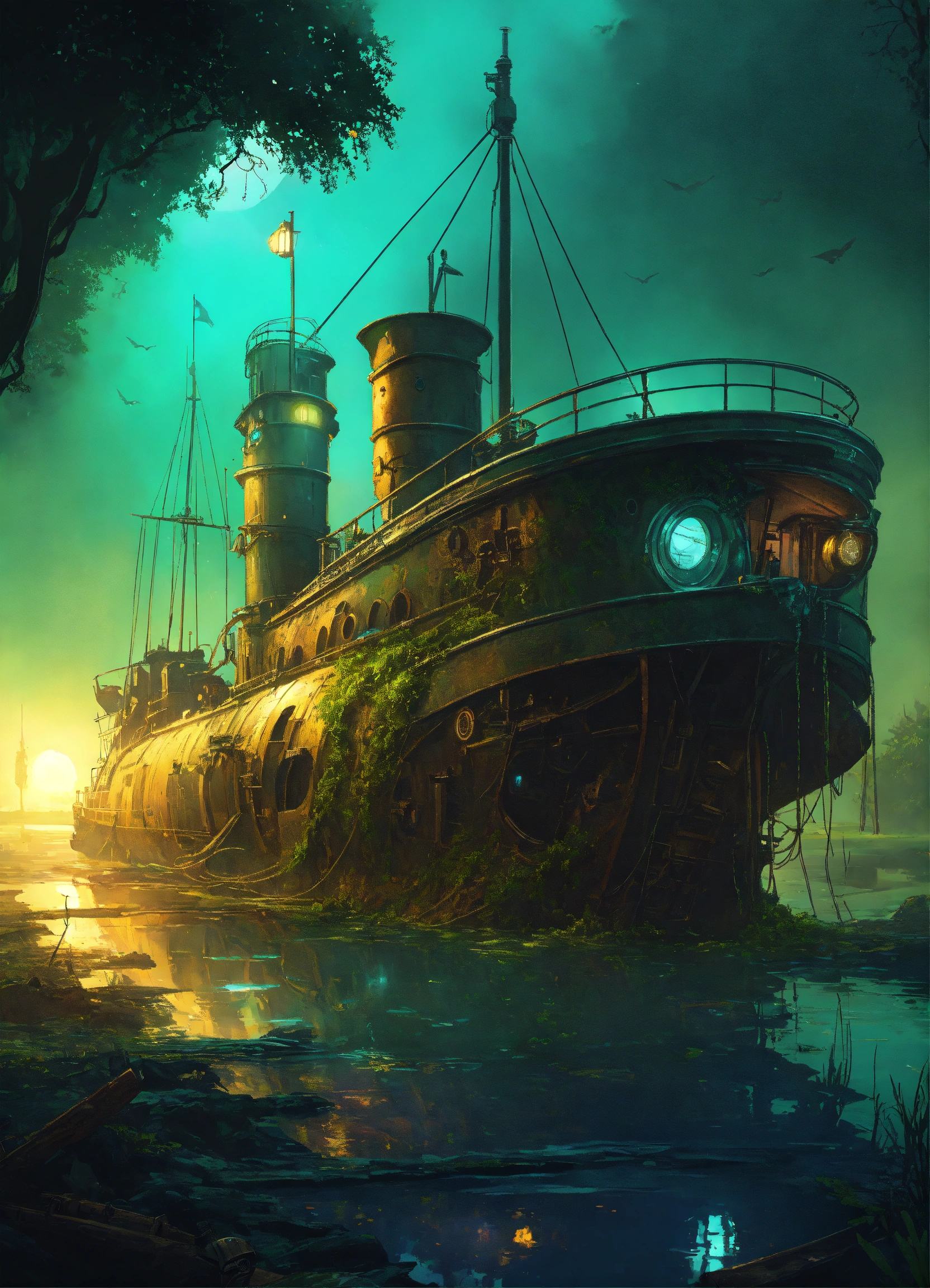 Lexica - Beached steampunk submarine shipwreck in swamp, dark ...