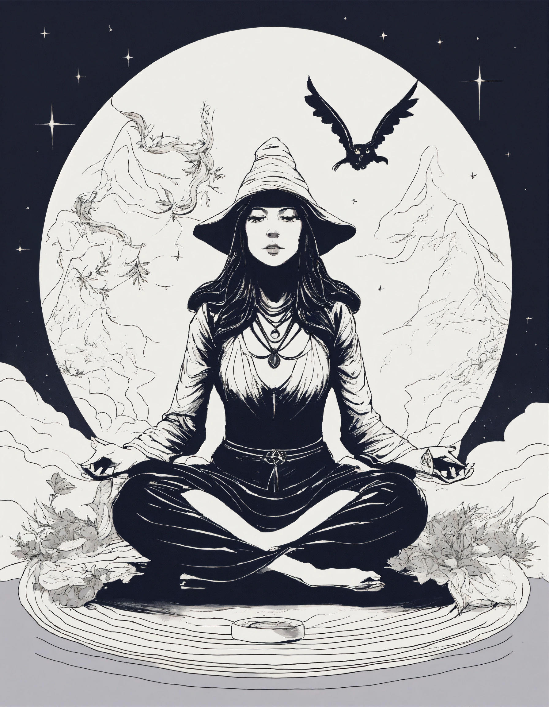 Lexica - Illustration of a witch Meditating, plain white background