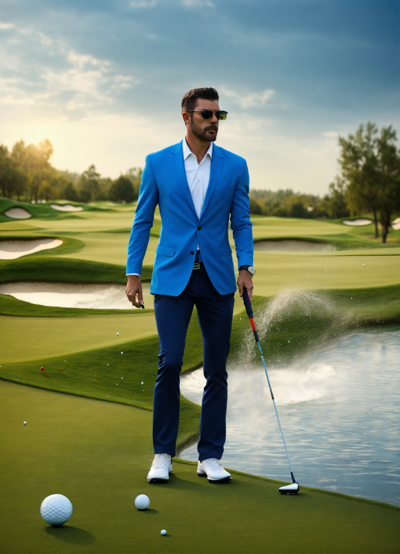 Lexica - 4k hd ultra realistic man blue blazer, sunglasses. Swinging ...