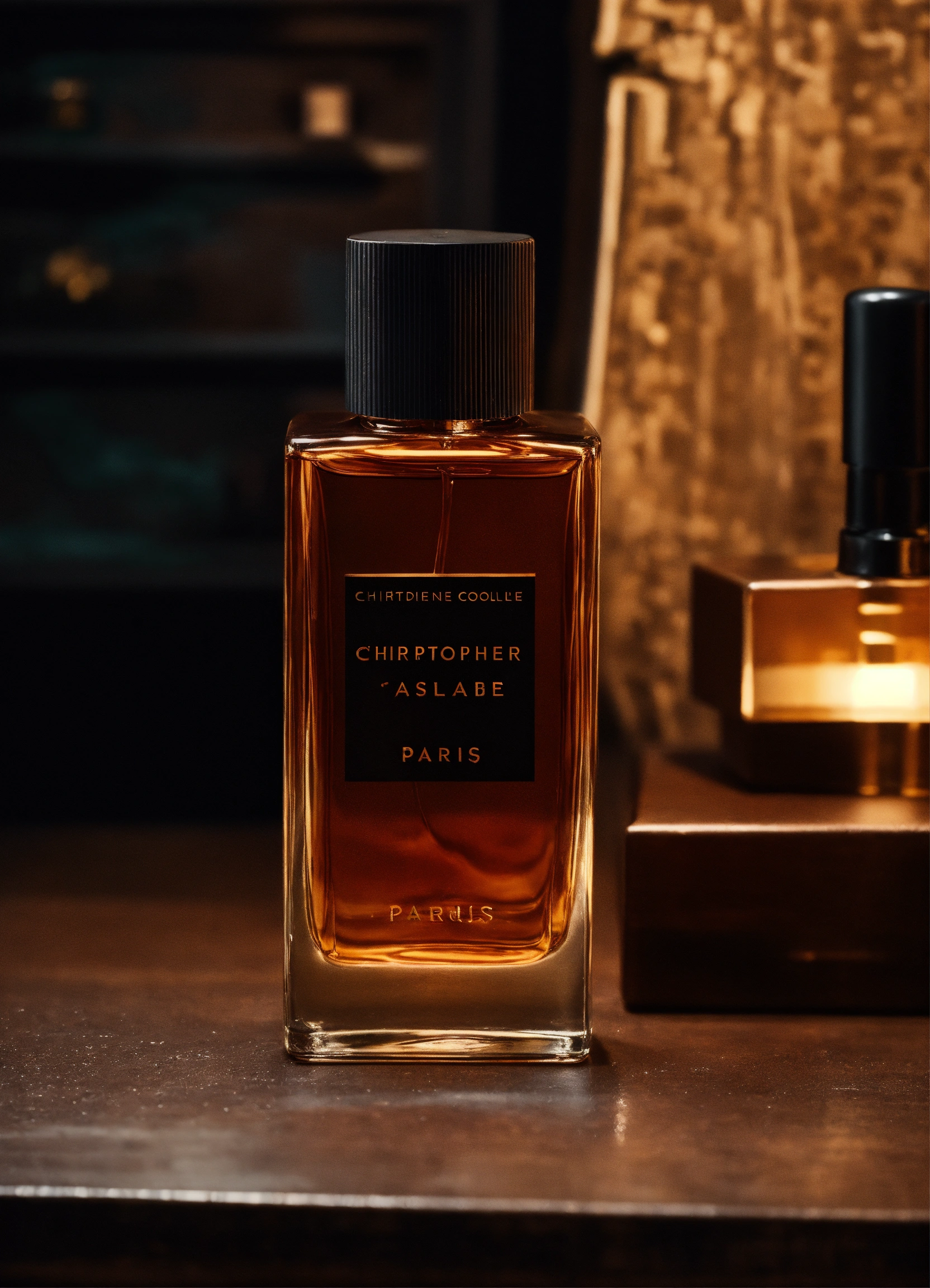 Lexica - A dark amber sweaty cologne bottle with a dark box in a dark ...