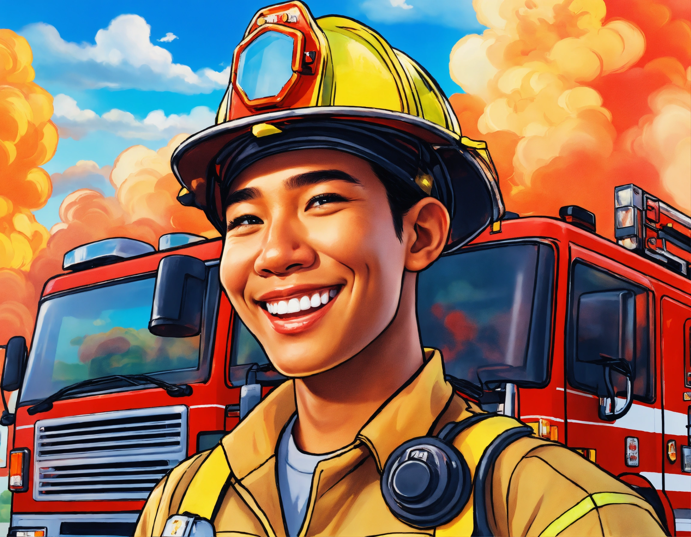 Lexica - A firefighter, smiling, Indonesian face, background in front ...
