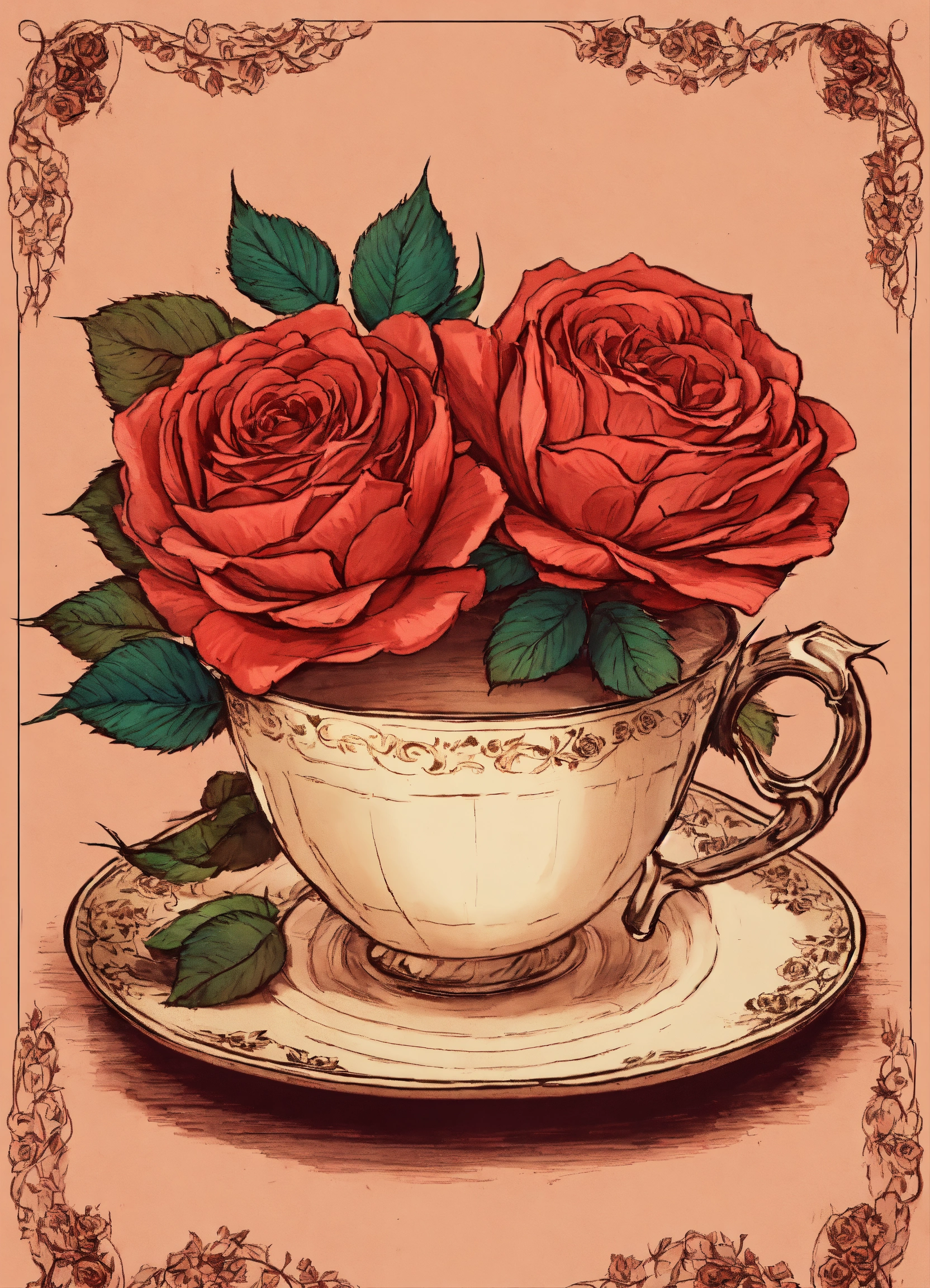 Lexica - Bone hand holding a vintage tea cup, roses with thorns twisted ...