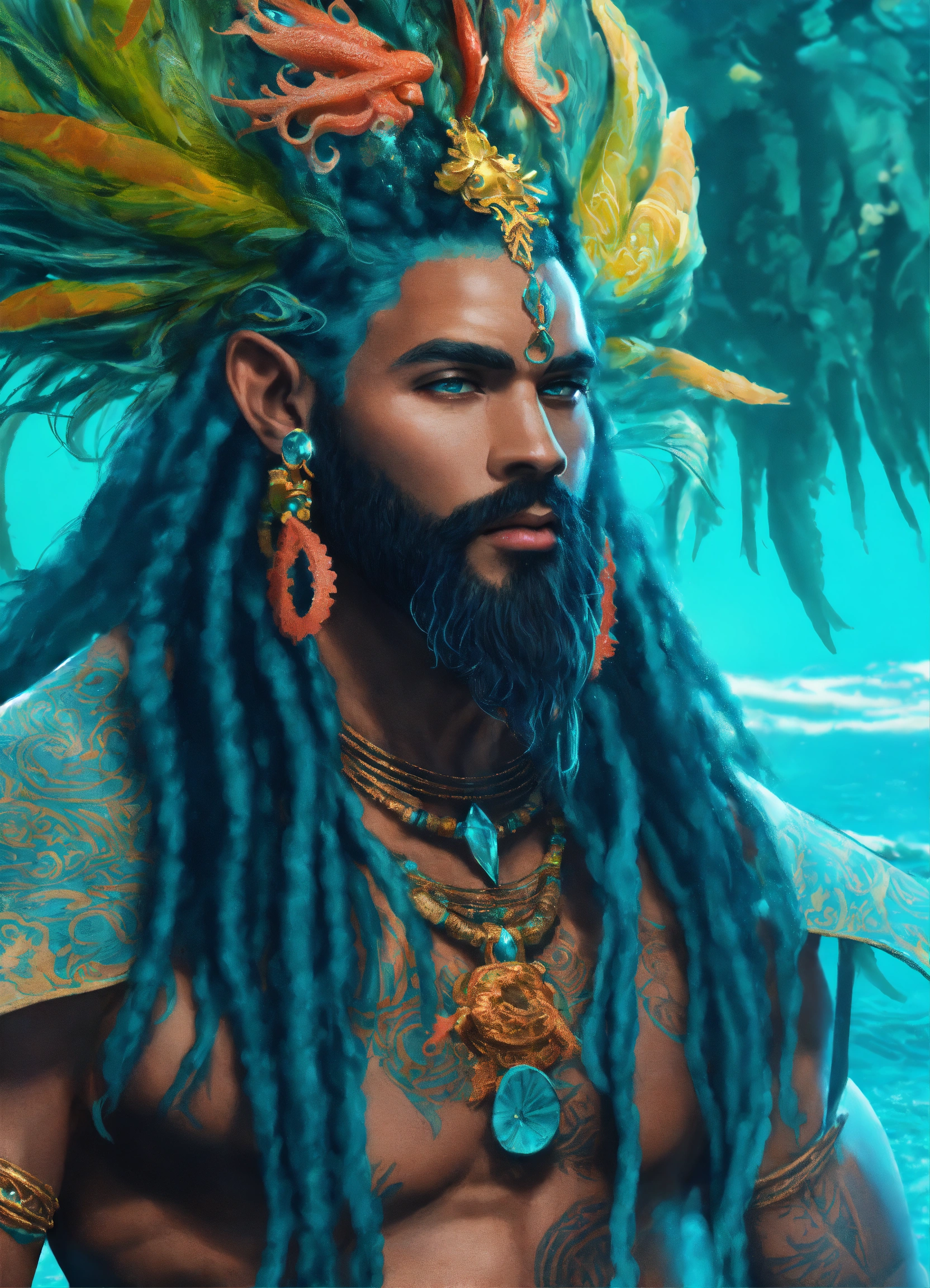 Lexica - A buff muscular Sea-elf scales Blue skin Long seafoam colored ...