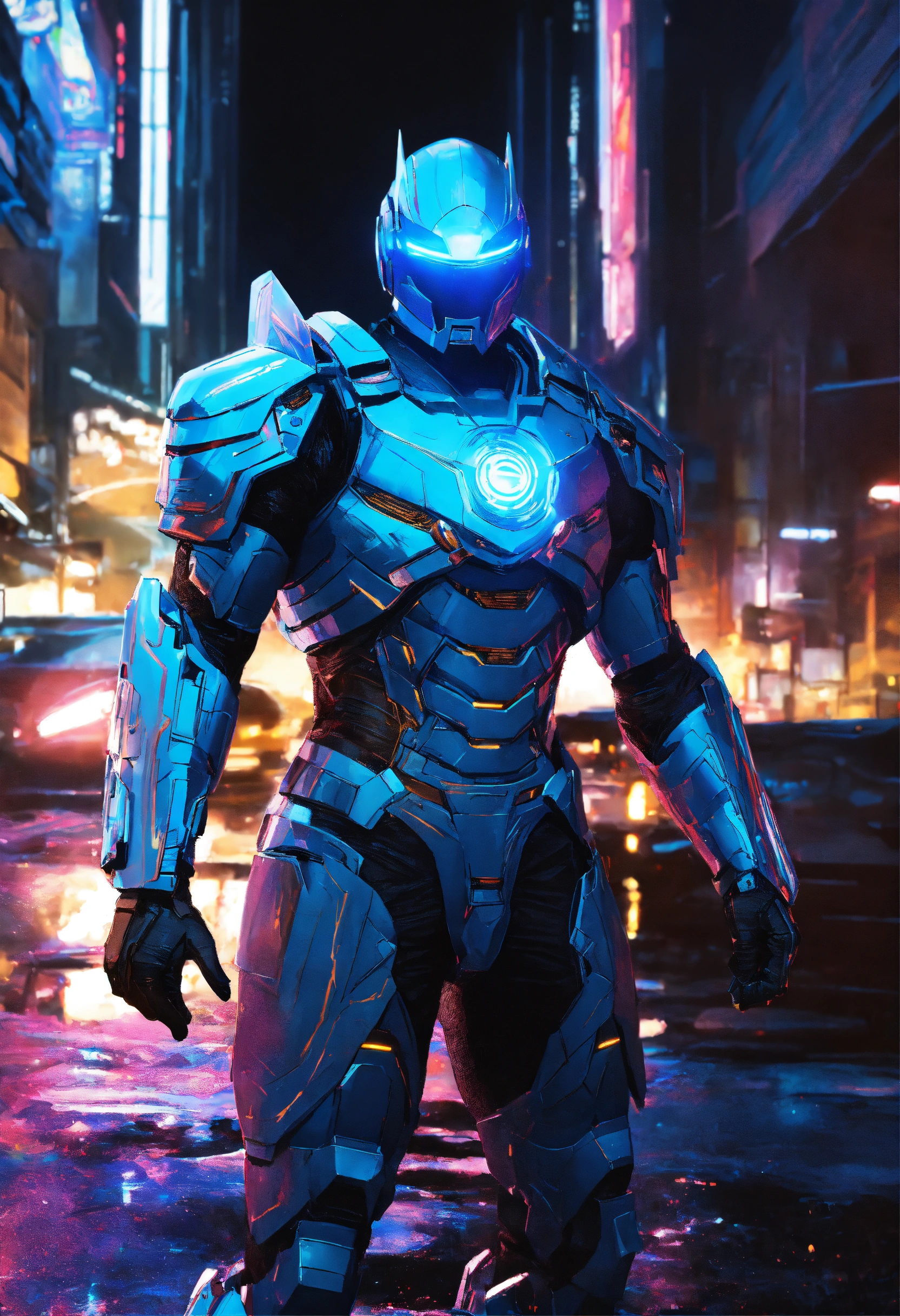 Lexica - Futuristic superhero, wearing a sleek suit of armor, neon blue ...