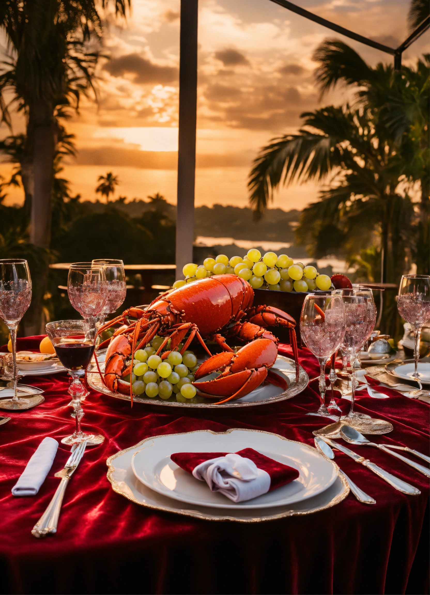 Lexica - A decadent table with grapes, lobster, food canopy, tropical ...