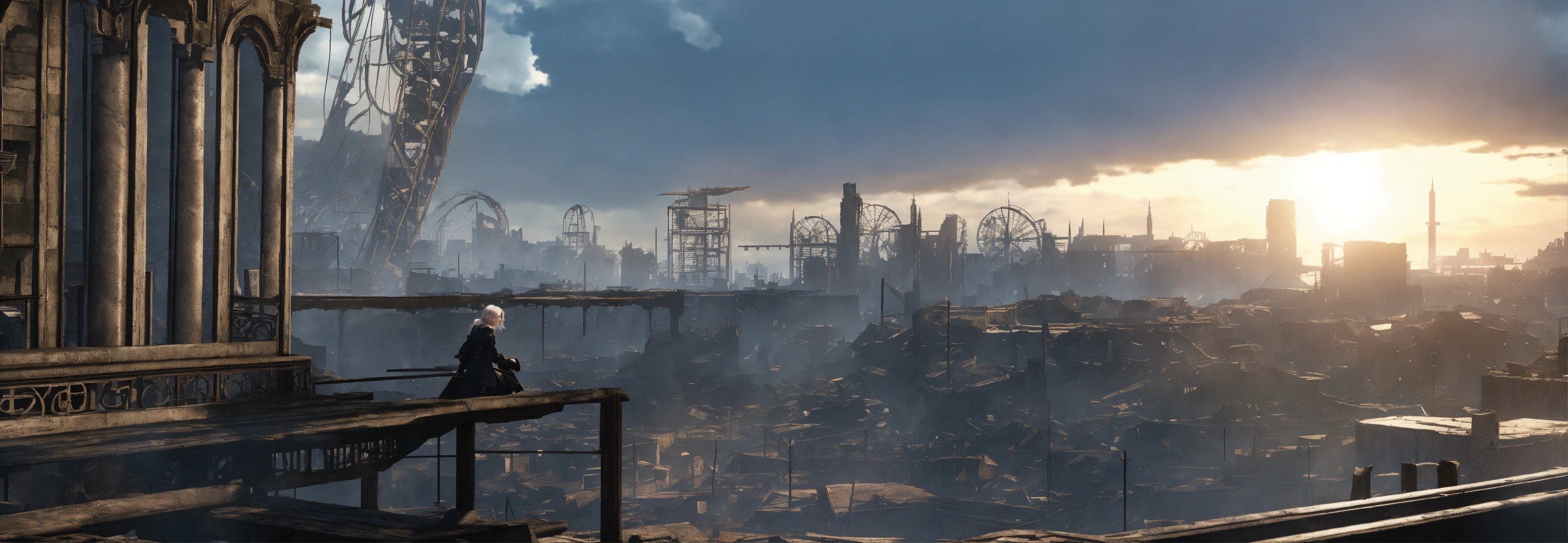 Lexica - Render of nier automata A2 long white hair, blue eyes, in city ...