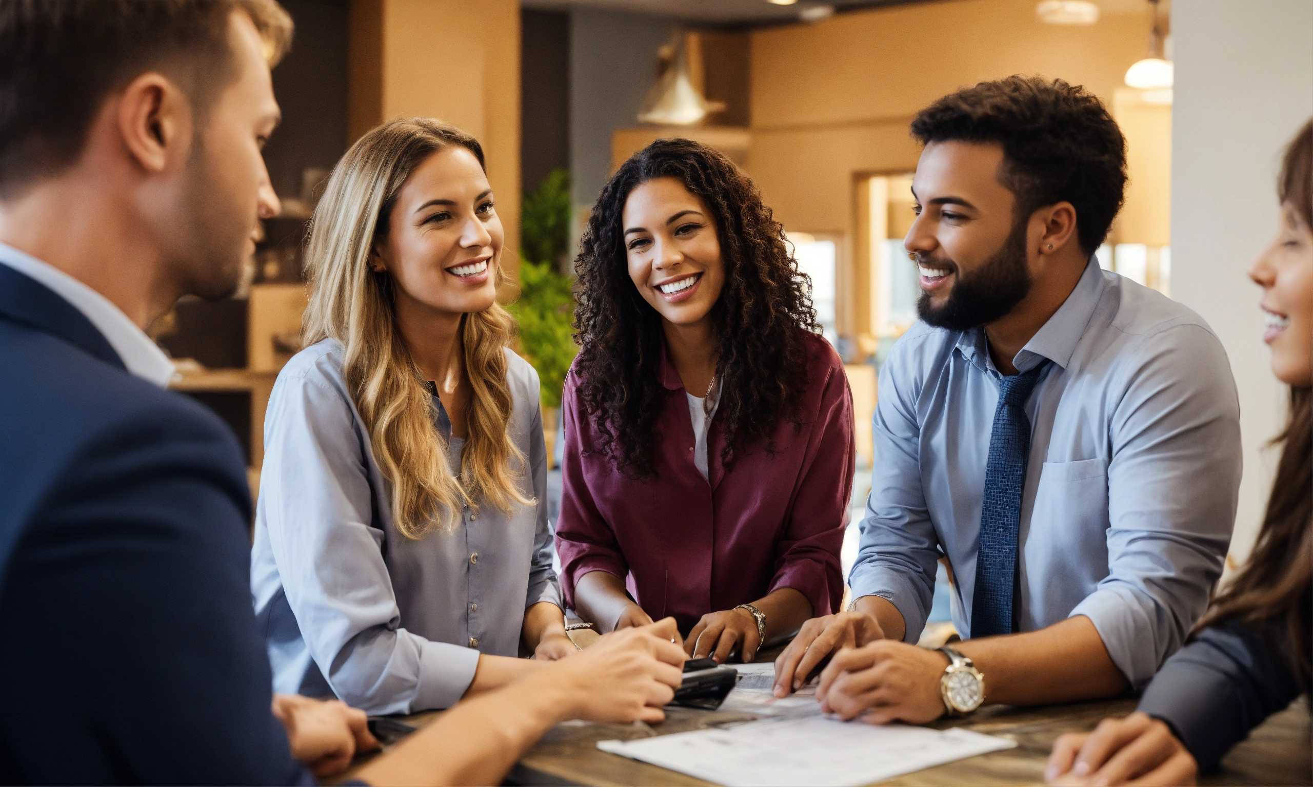 Lexica - A picture of 5 people talking with one another. The group is a ...