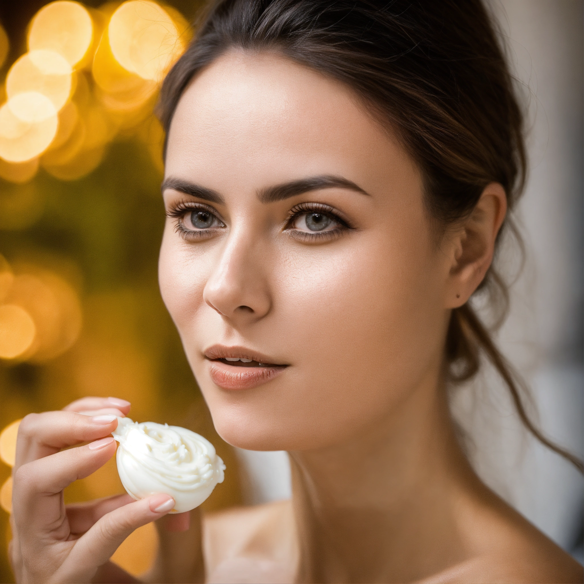 Lexica - Affascinante signora che si spalma la crema sul viso con gesto ...