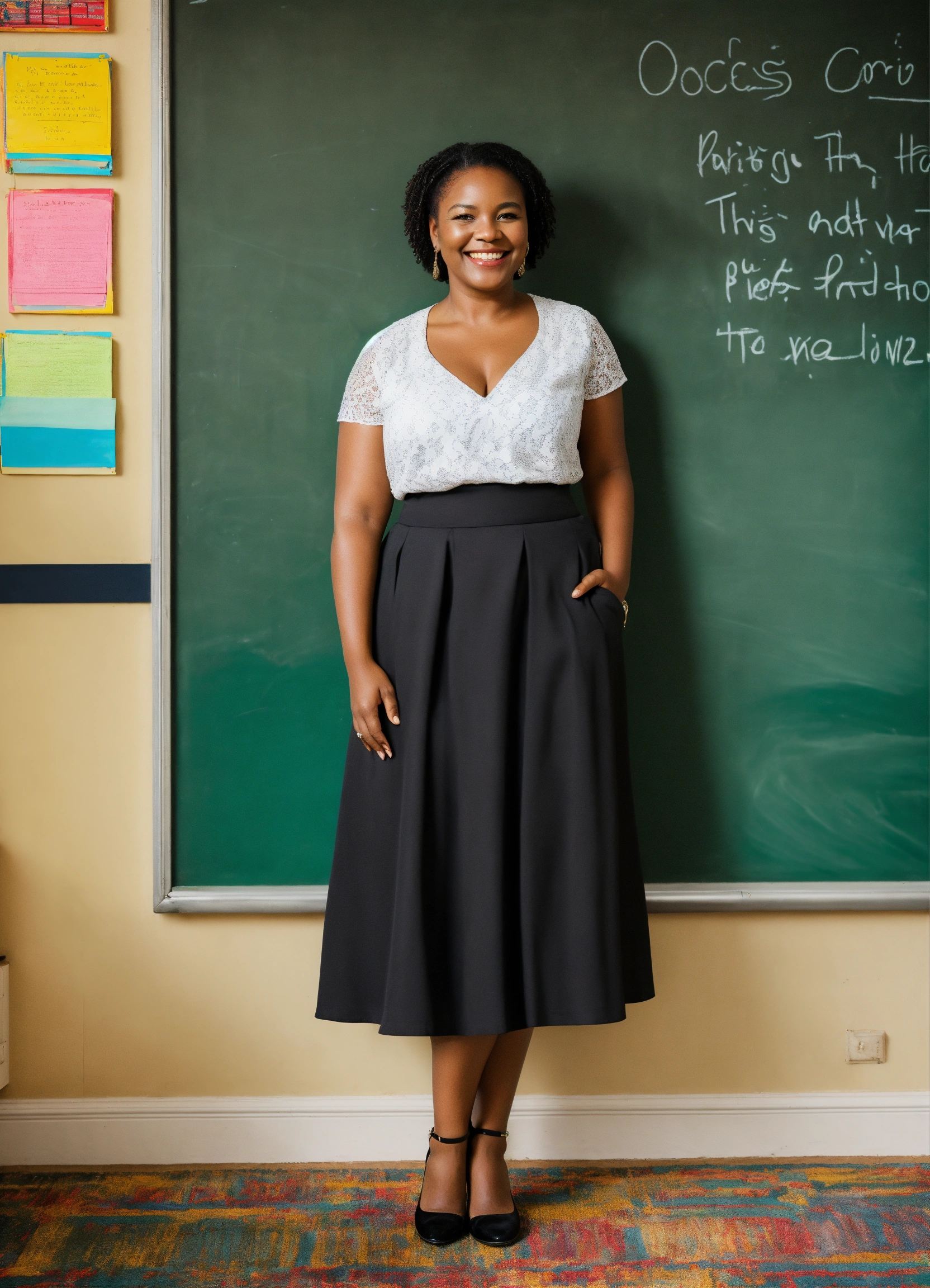 Lexica - Black teacher smiling next to black board wearing floor length skirt with one