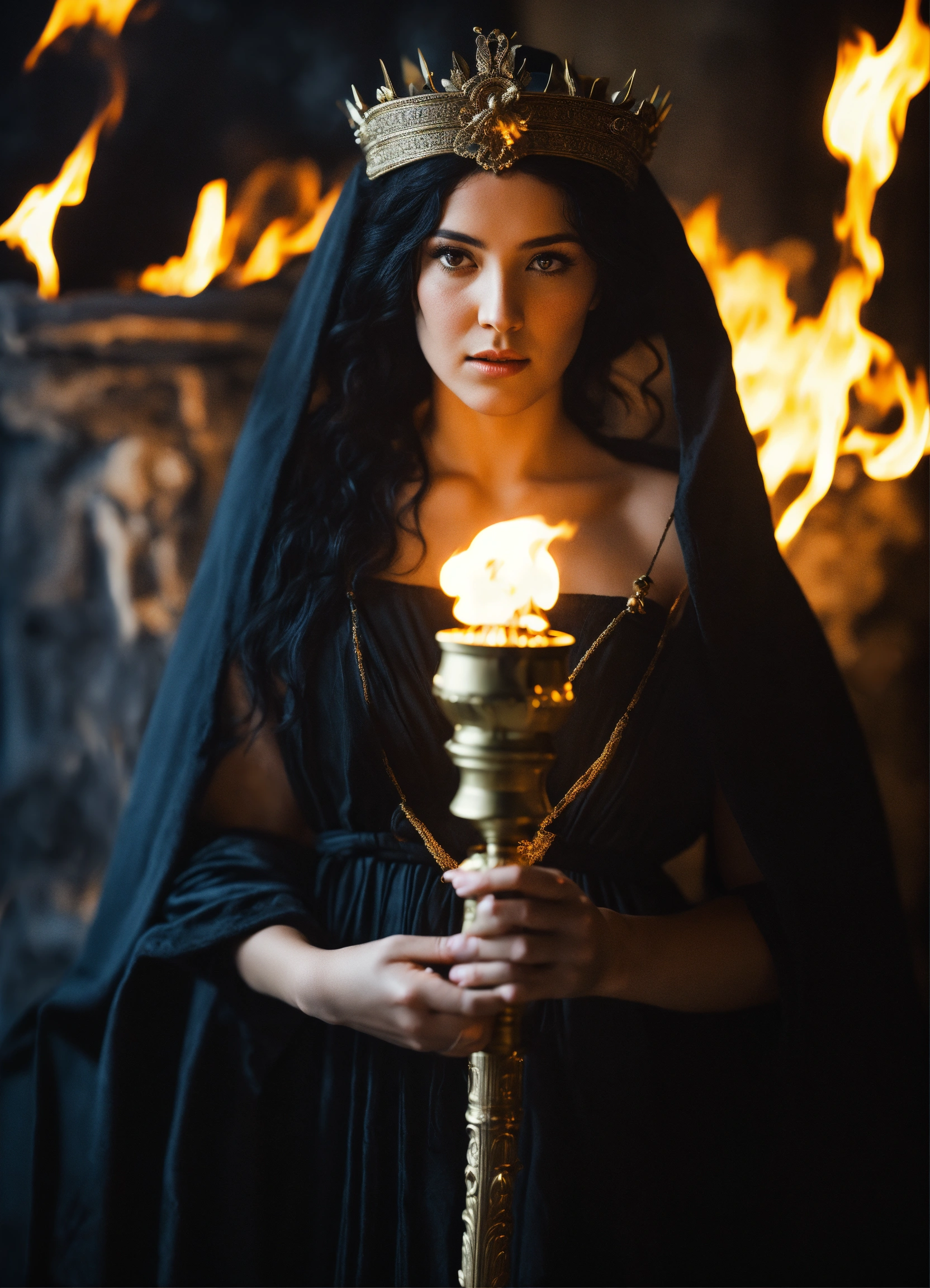 Lexica - Greek goddess Hecate holding a torch, black hair, flowing ...