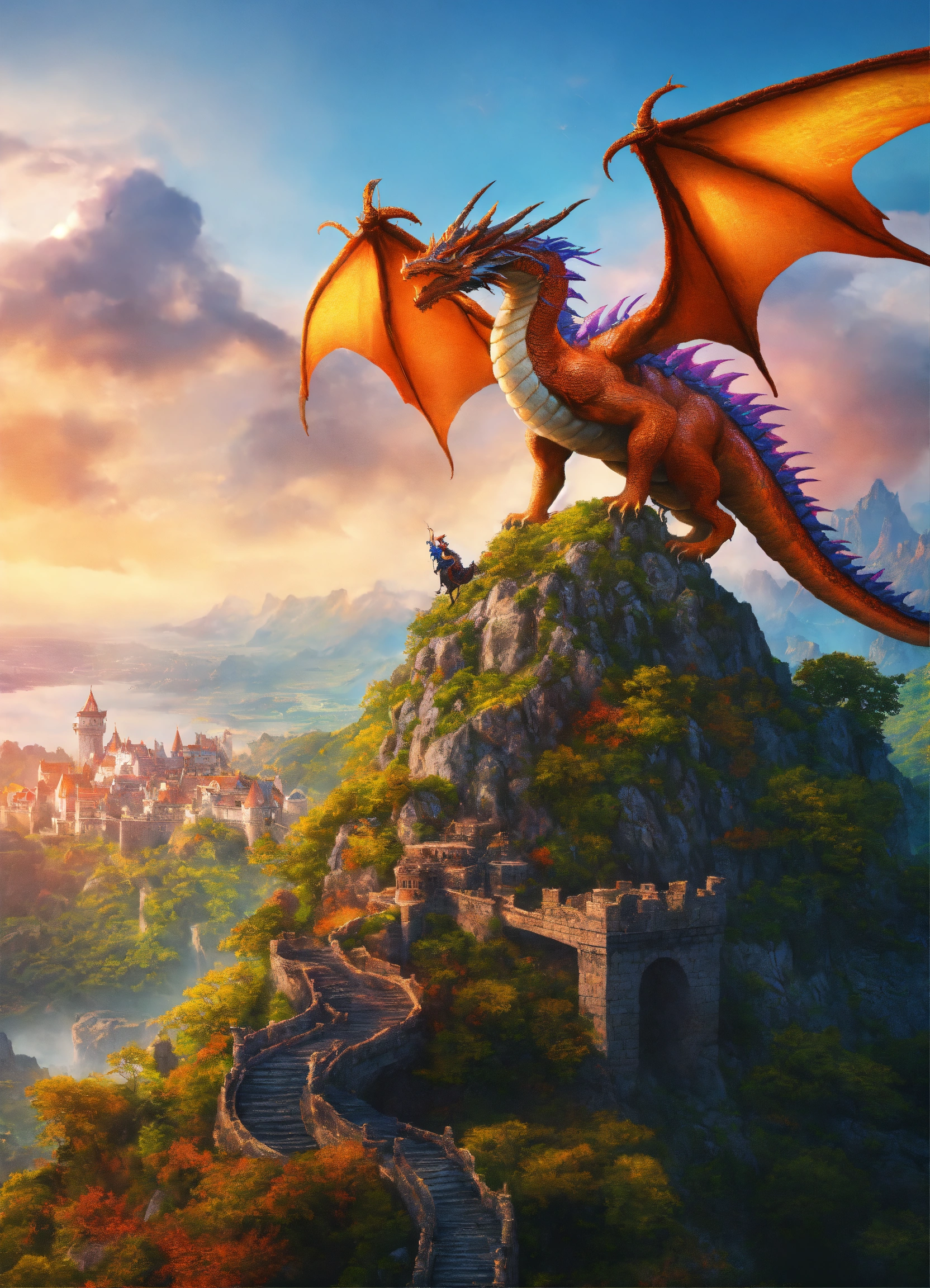 Lexica - A beautiful full body colorful dragon with a wizard riding on ...