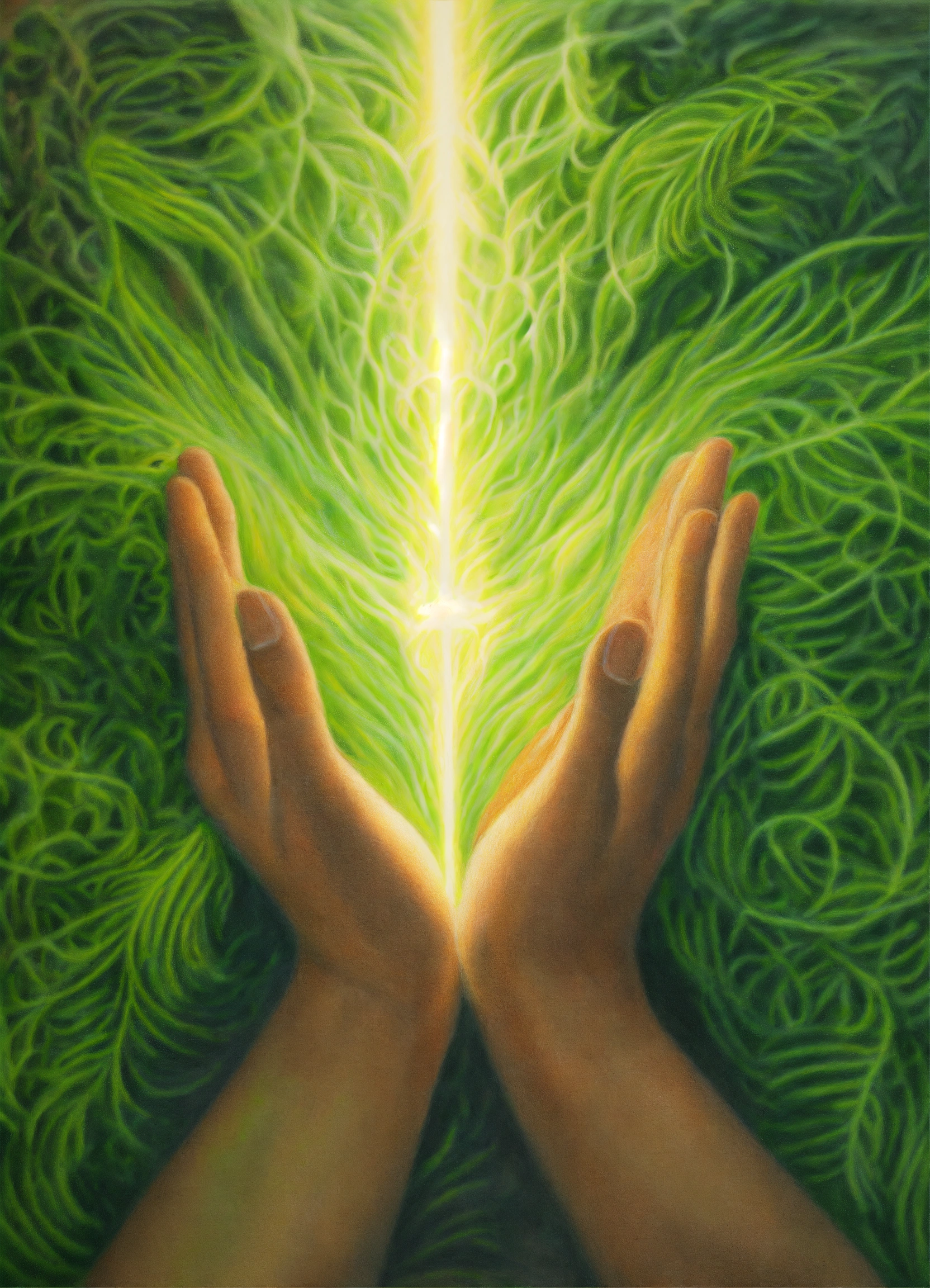 Lexica - Realistic colored pencil drawing of hands emanating a green ...
