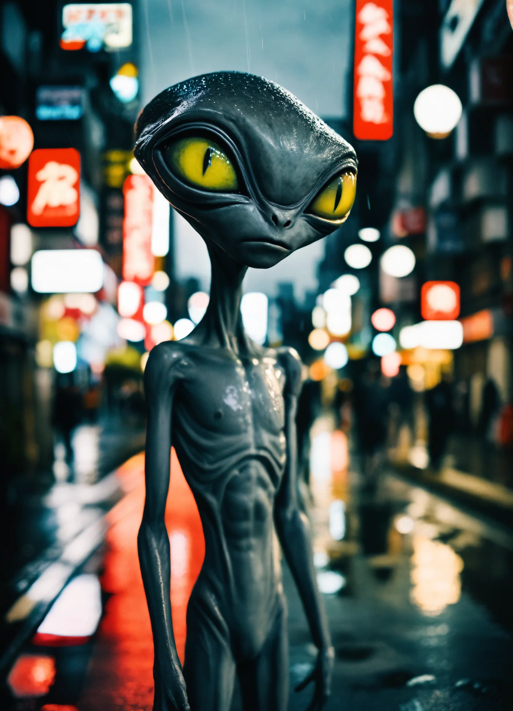 Lexica - Very cute, realistic grey alien standing in the street of ...