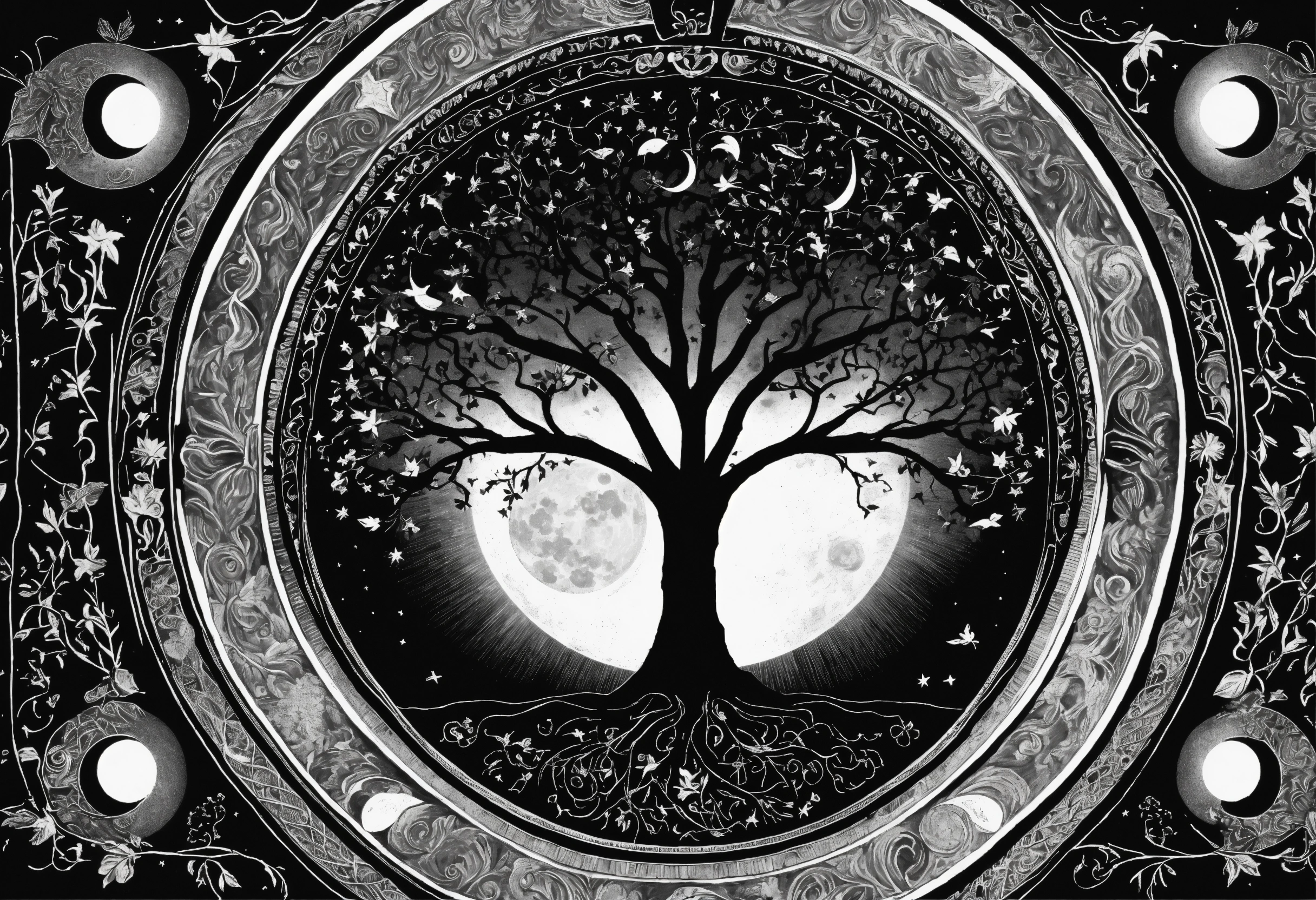 Lexica - Tree of life black and white no leaf with moon sun and stars