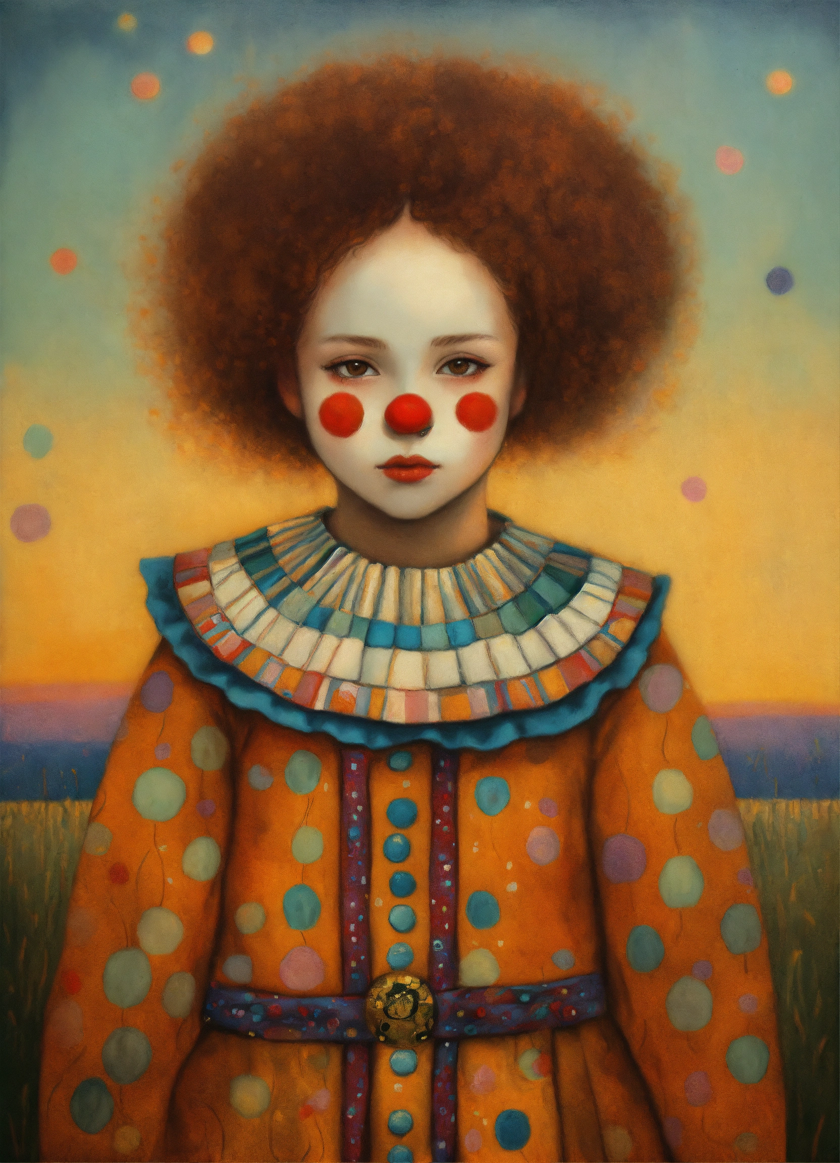 Lexica - Amazing girl age 5 Clown wearing clown costume in the sunset ...