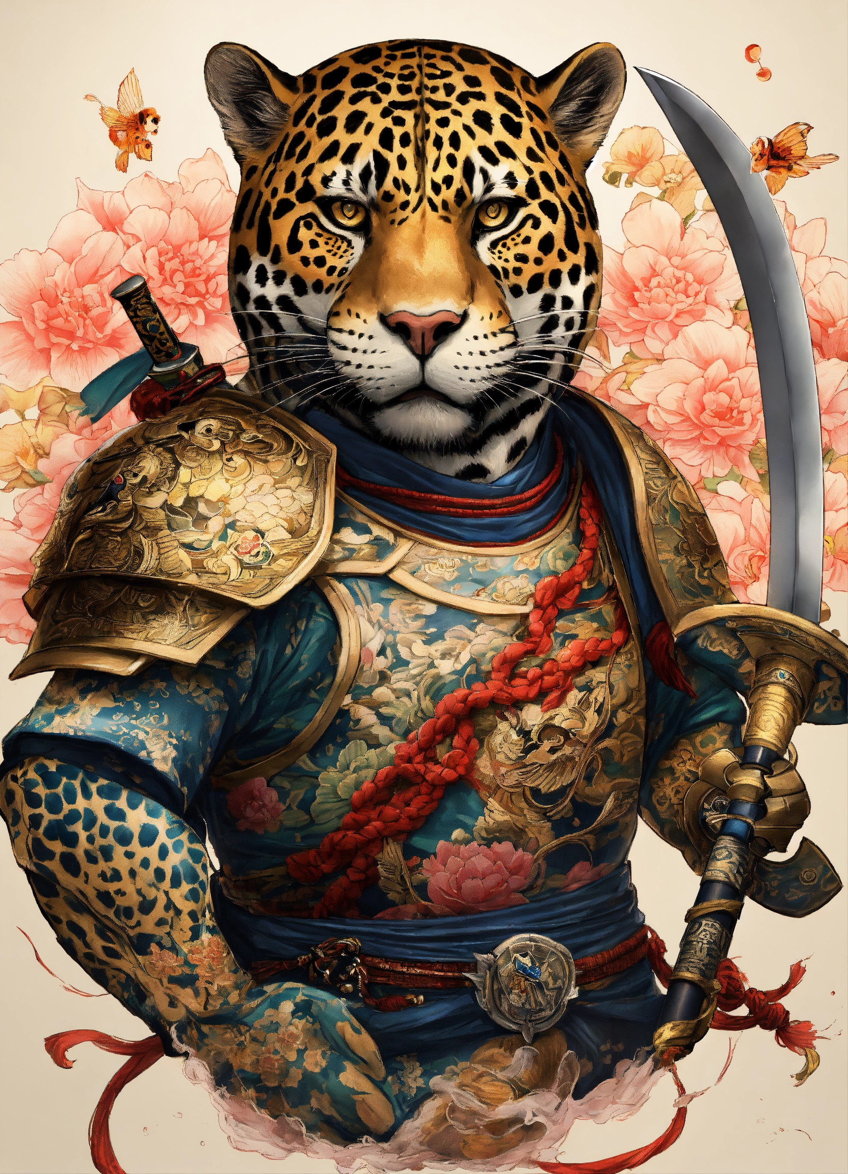 Lexica - There is a jaguar with a big carp koi and a sword on a white ...
