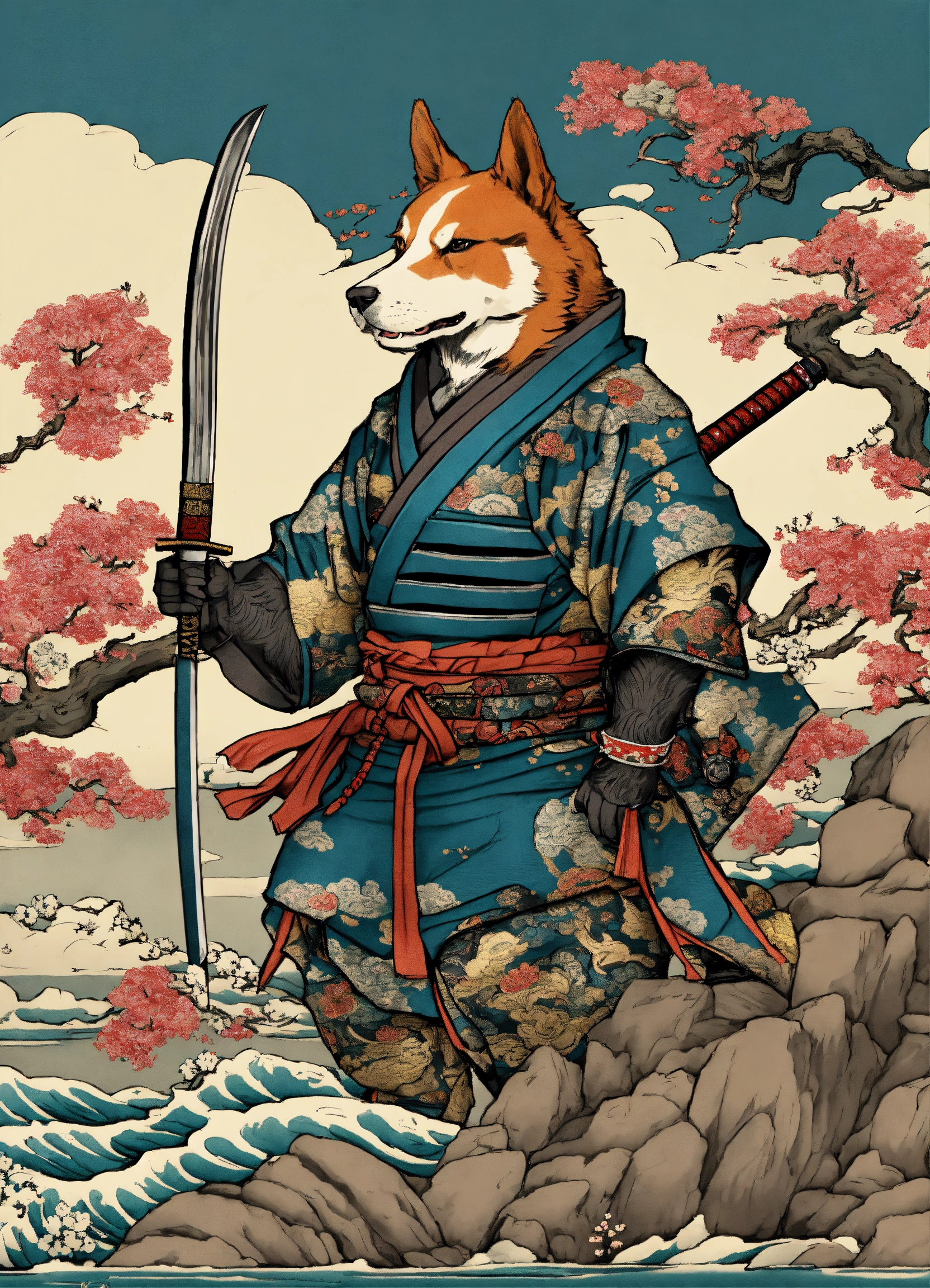 Lexica - There is a dog with a fish and a sword on a white background ...