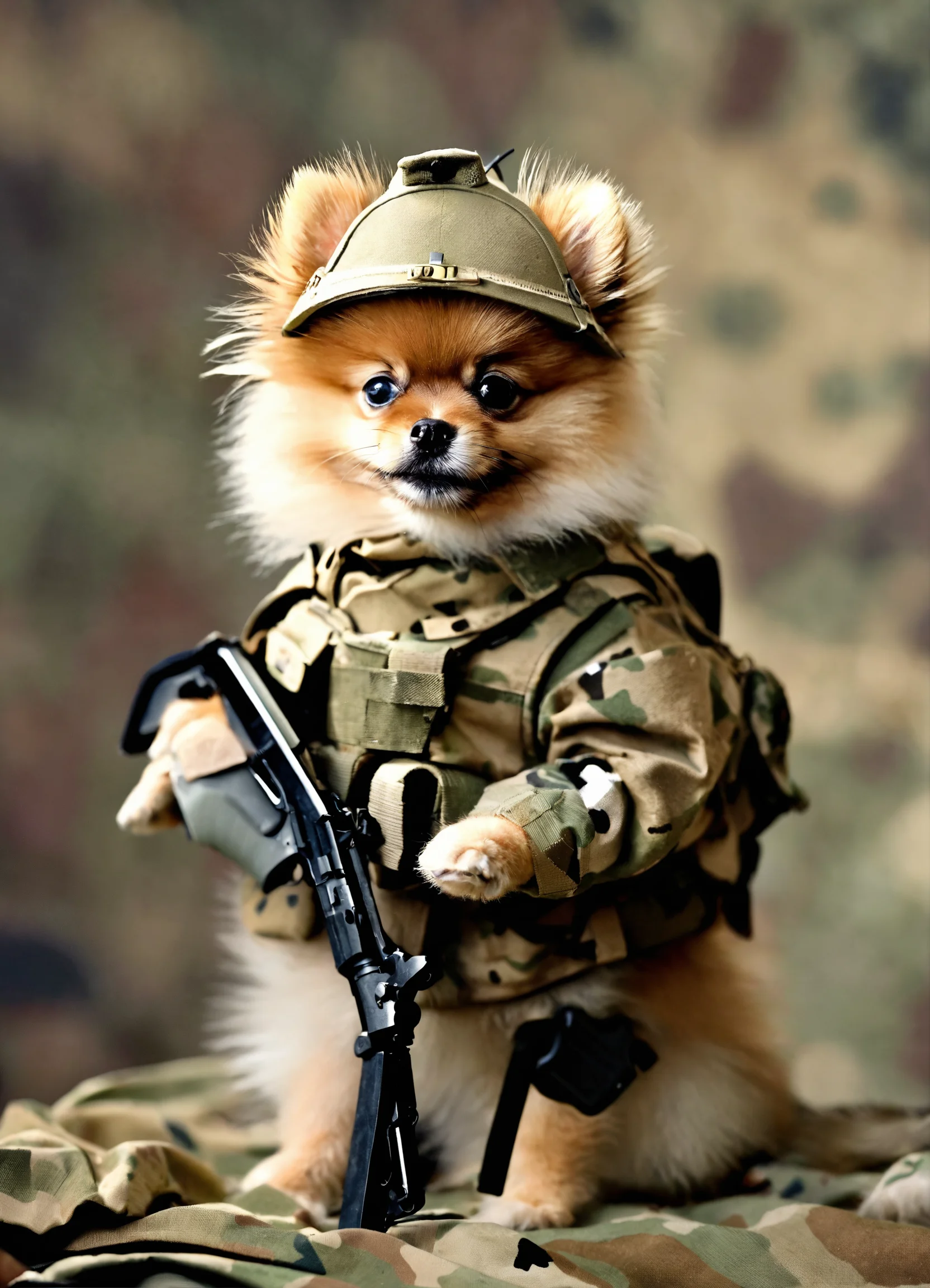 Lexica - Cachorro pomerania con traje de soldado y armado