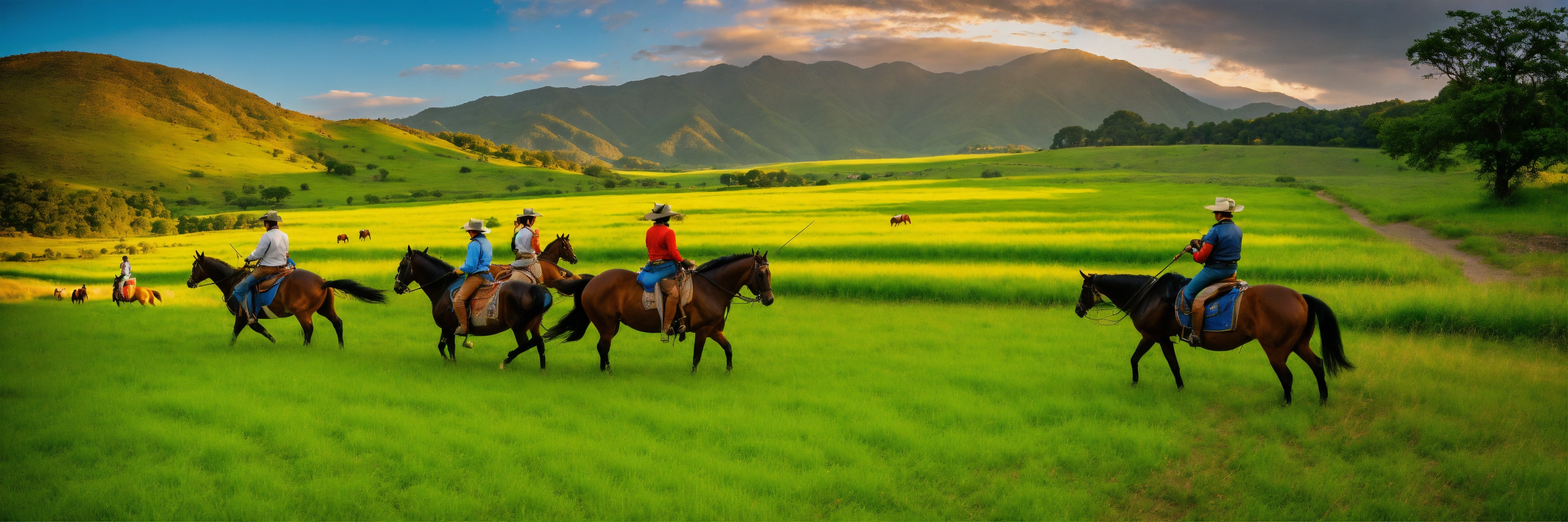 Lexica - A group of people riding horses in a green field, in the style ...