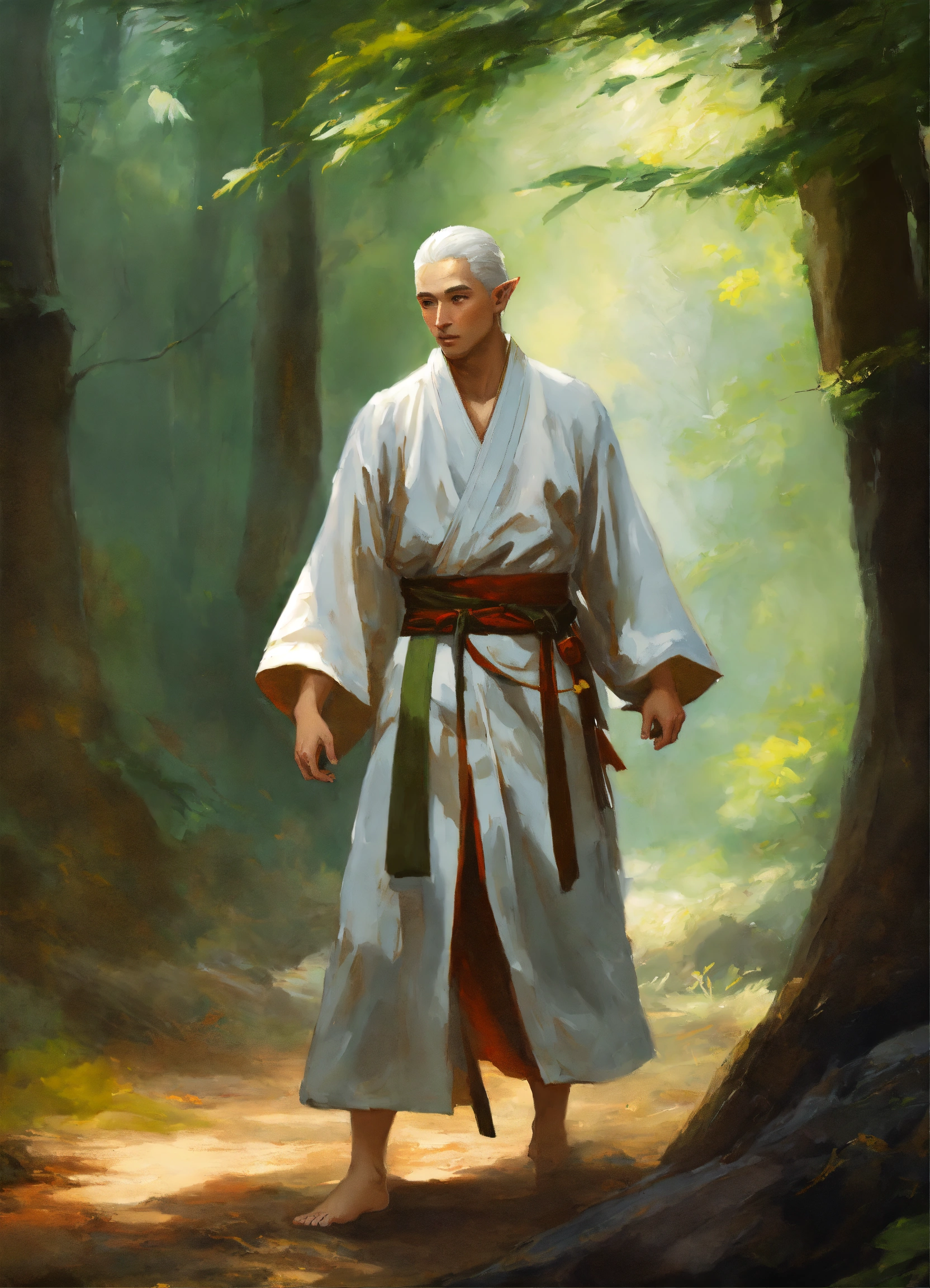Lexica - White haired elf monk in martial artist robes with Stalf in a ...