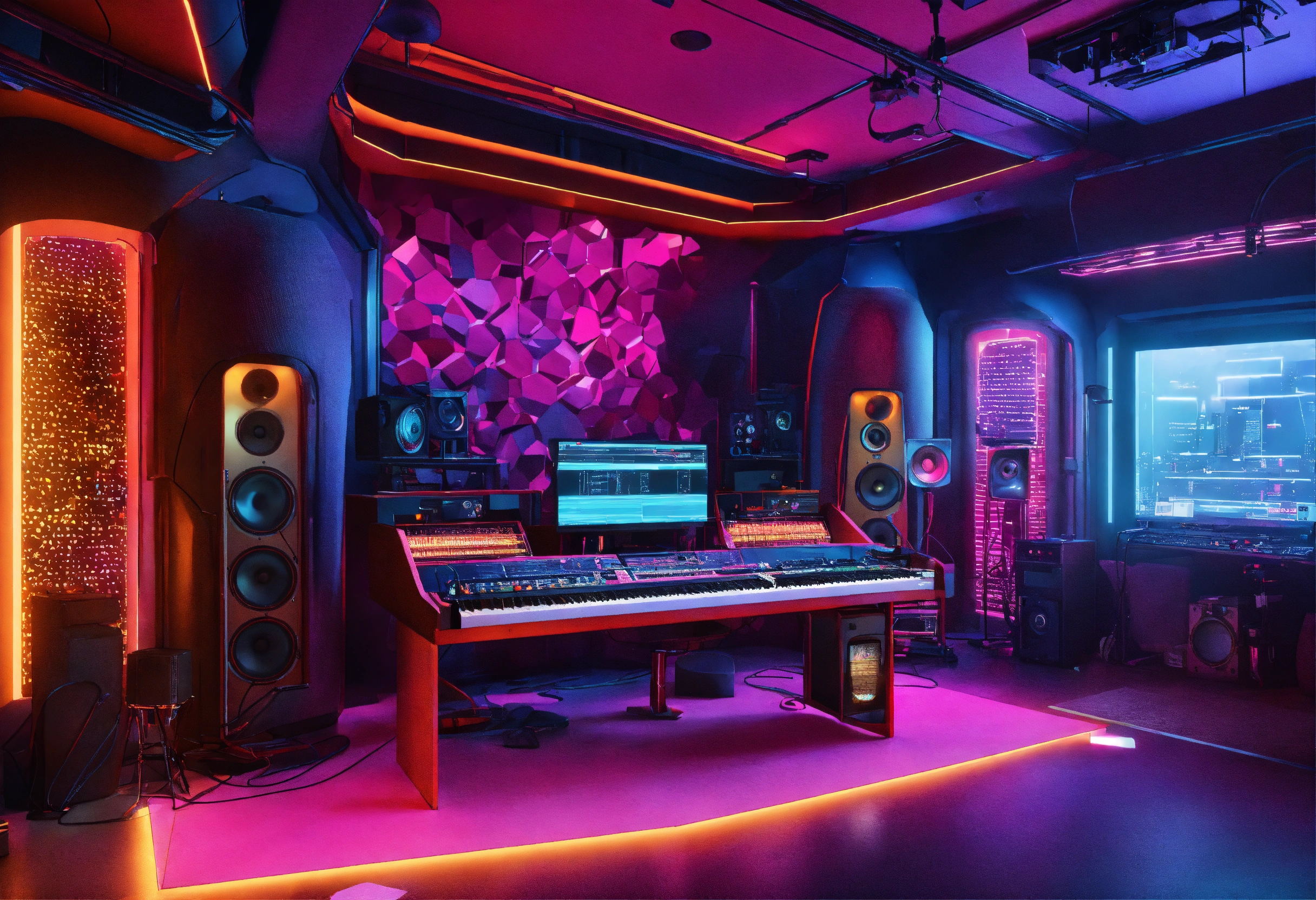 Lexica - Futuristic cyberpunk homey cozy recording studio, color, vivid ...