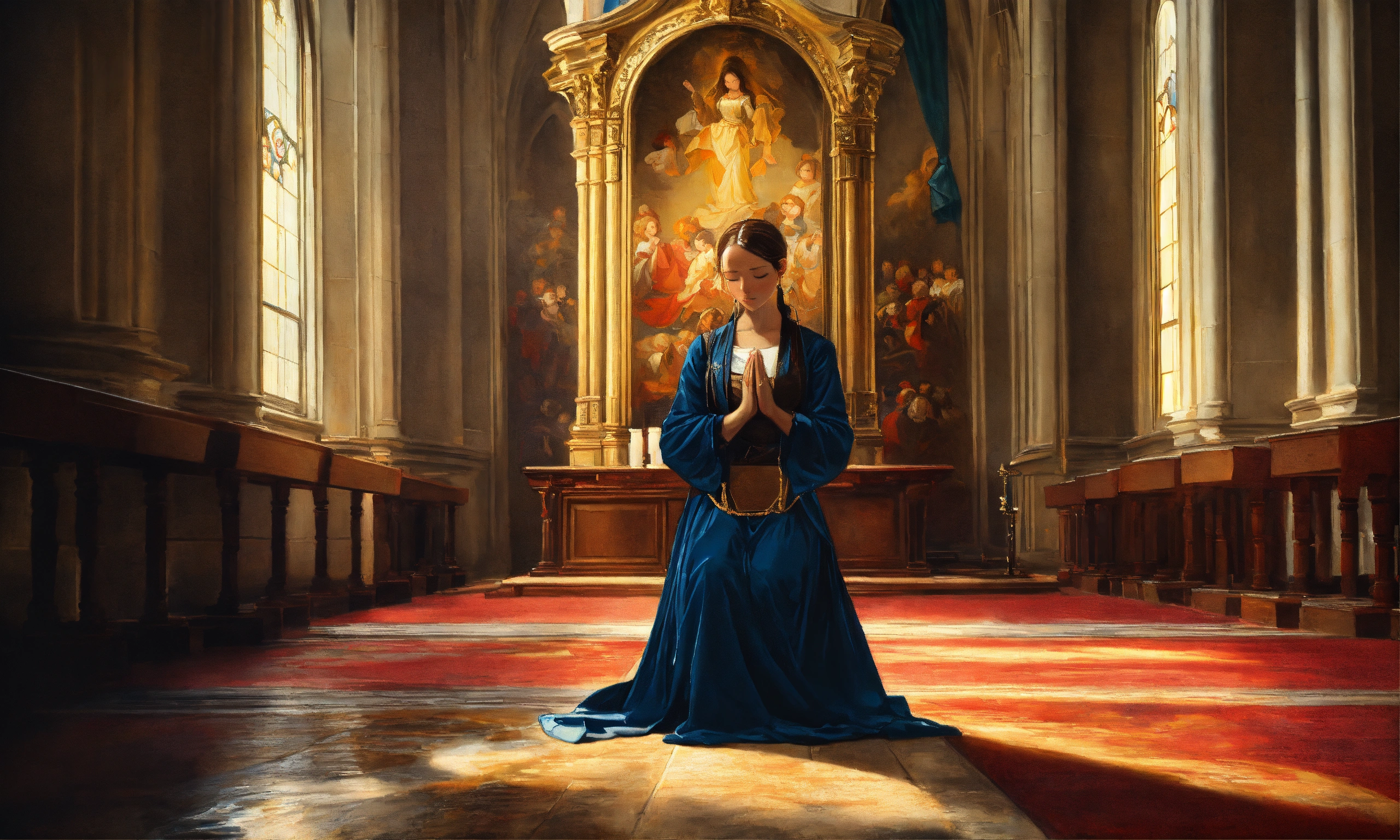 Lexica - Renaissance oil painting of a woman praying in a church