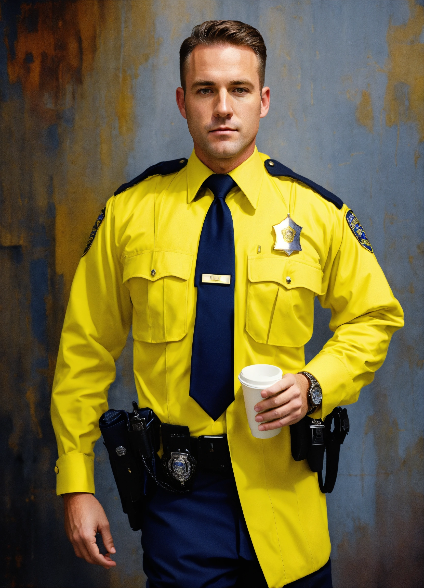 Lexica - White male cop wearing a light navy over coat and yellow dress ...