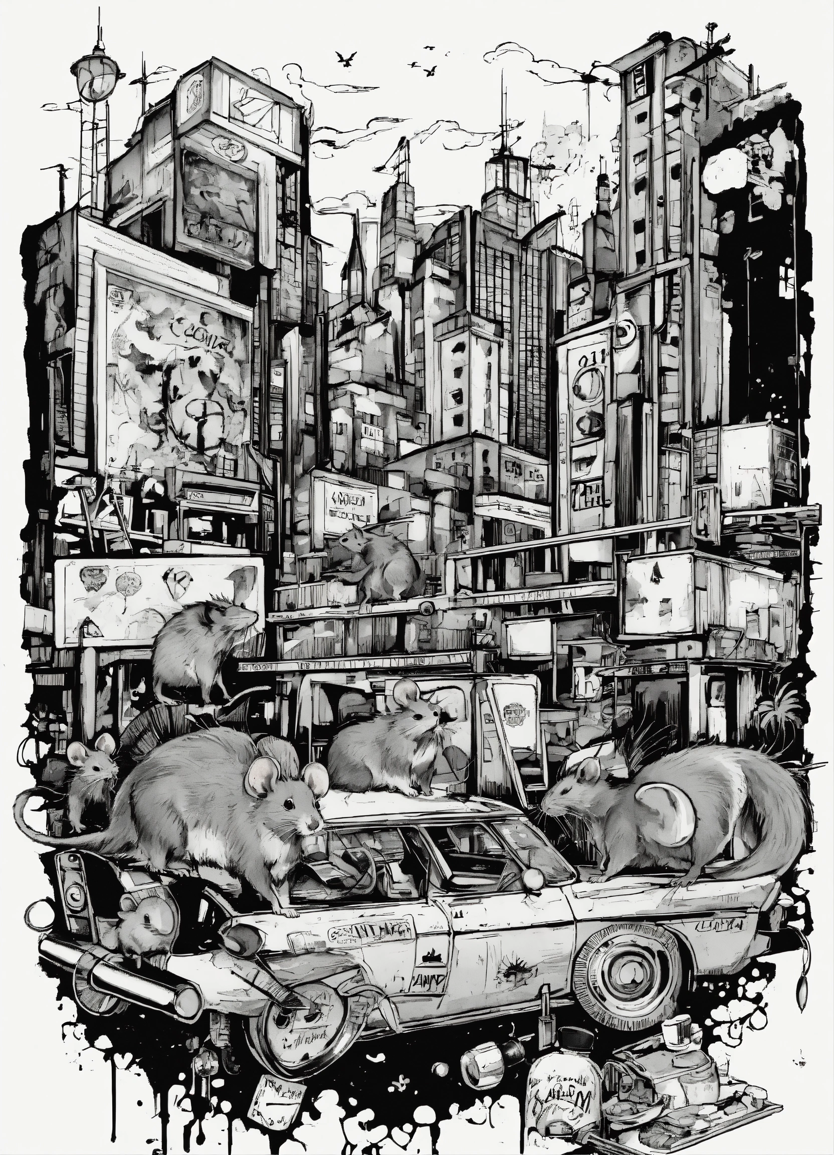 Lexica - Rat punk city, black and white, white background, no ...