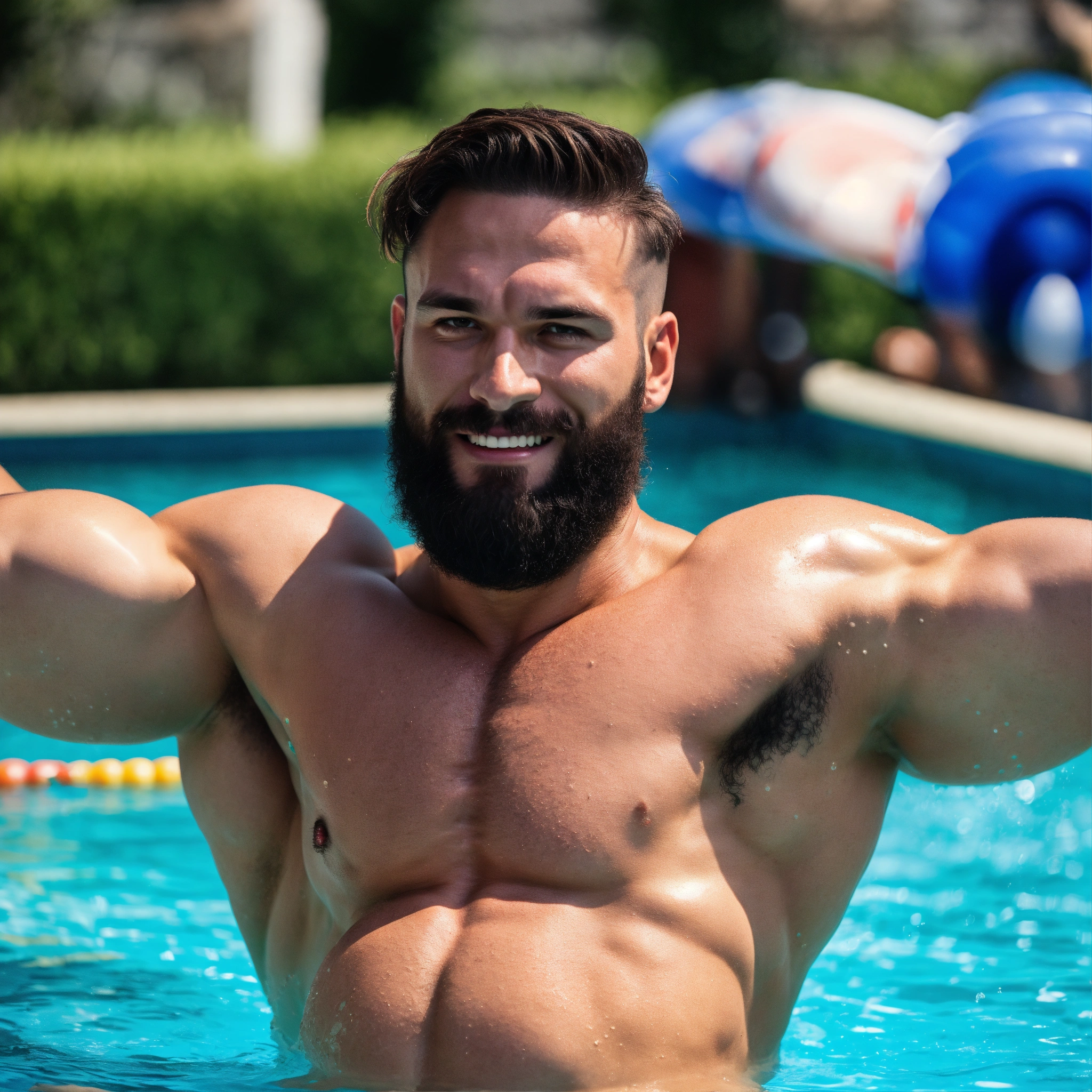 Lexica - 30-year-old man with big muscles, big bodybuilder, body like a wrestler, in a pool, italian