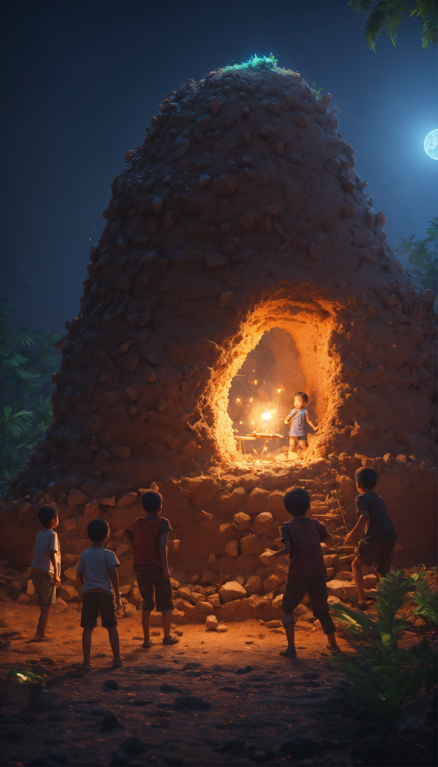 Lexica - Filipino kids playing and destroying a termite mound, night ...