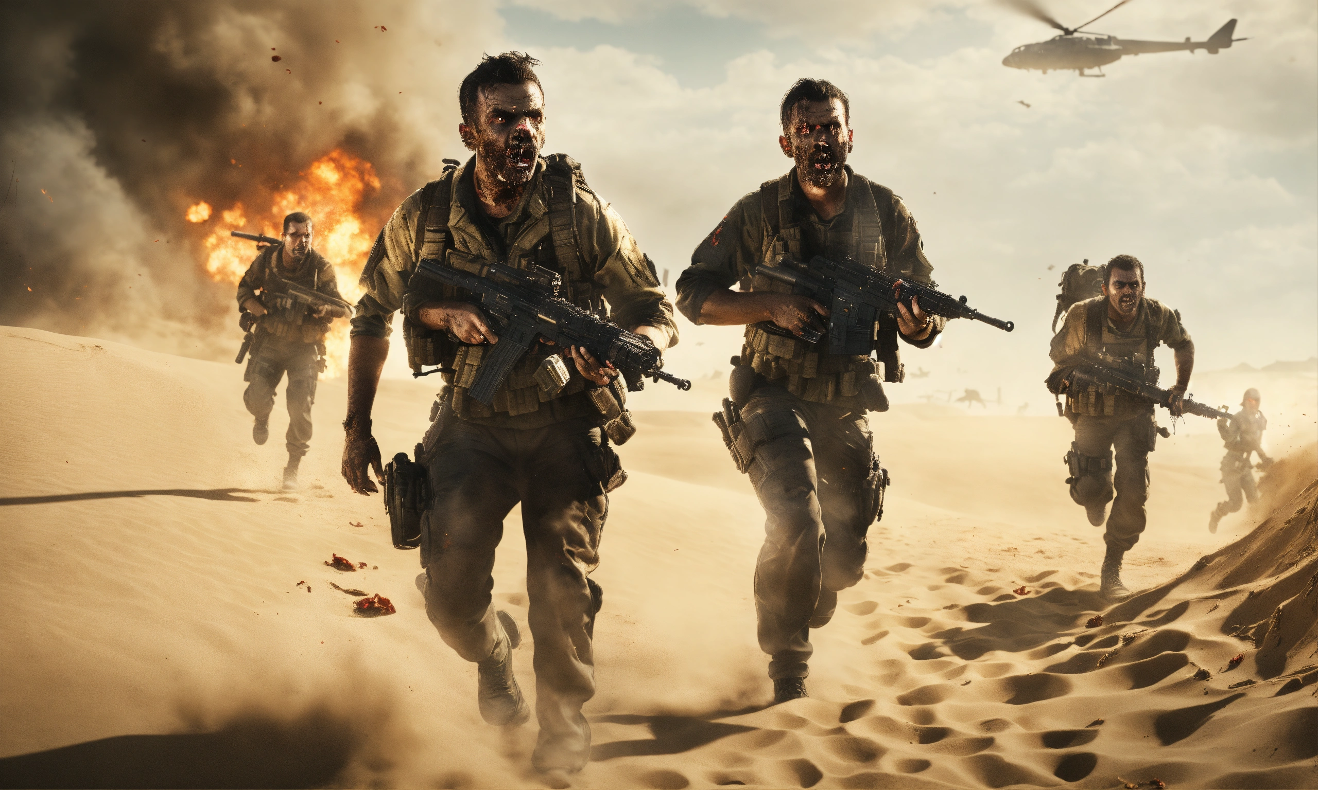 Lexica - Call of duty zombies running at camera on sand, cinematic 4k