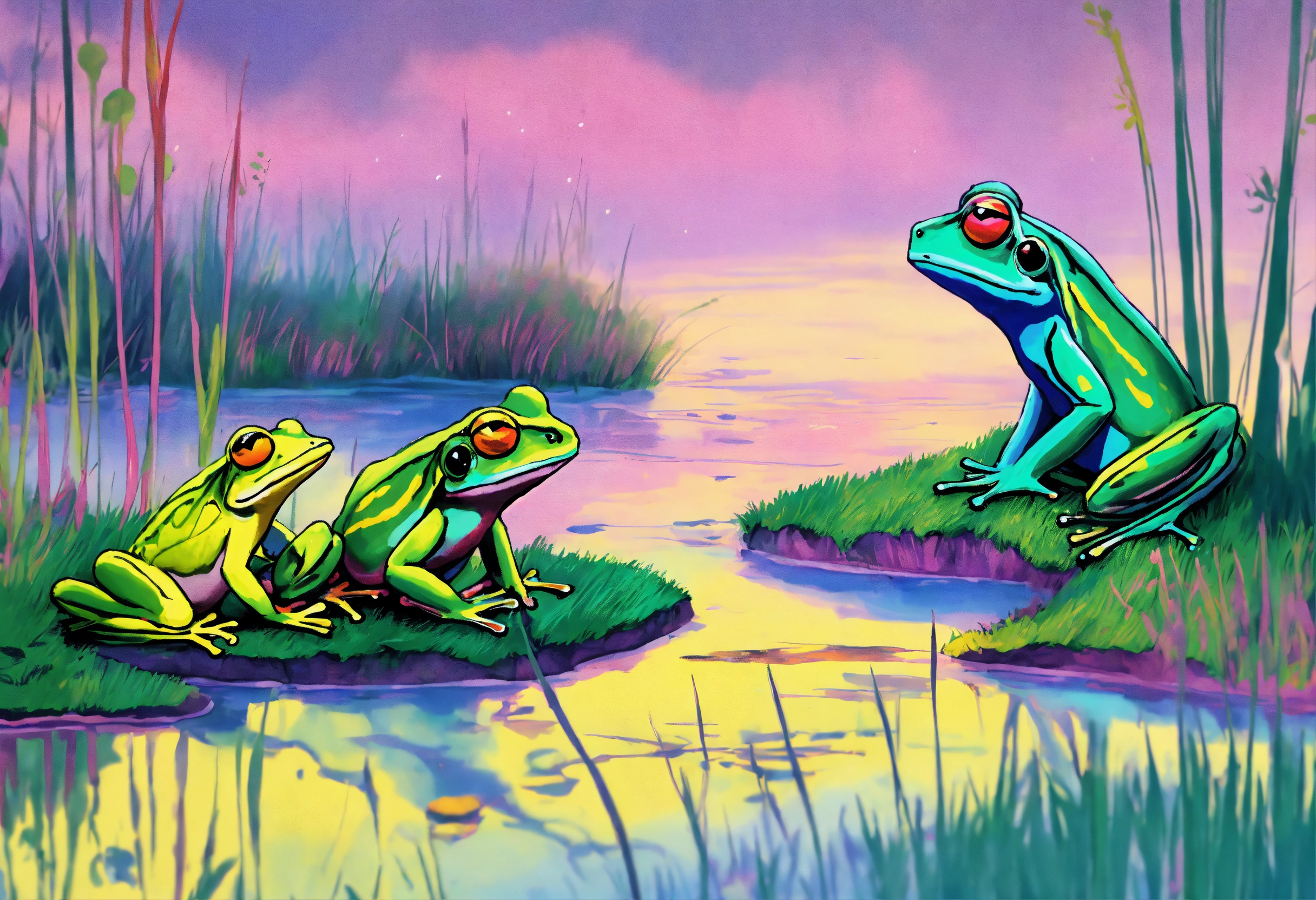 Lexica - Illustration graphic marsh frogs in tie-dye, surreal mauve hues, surreal green/yellow ...