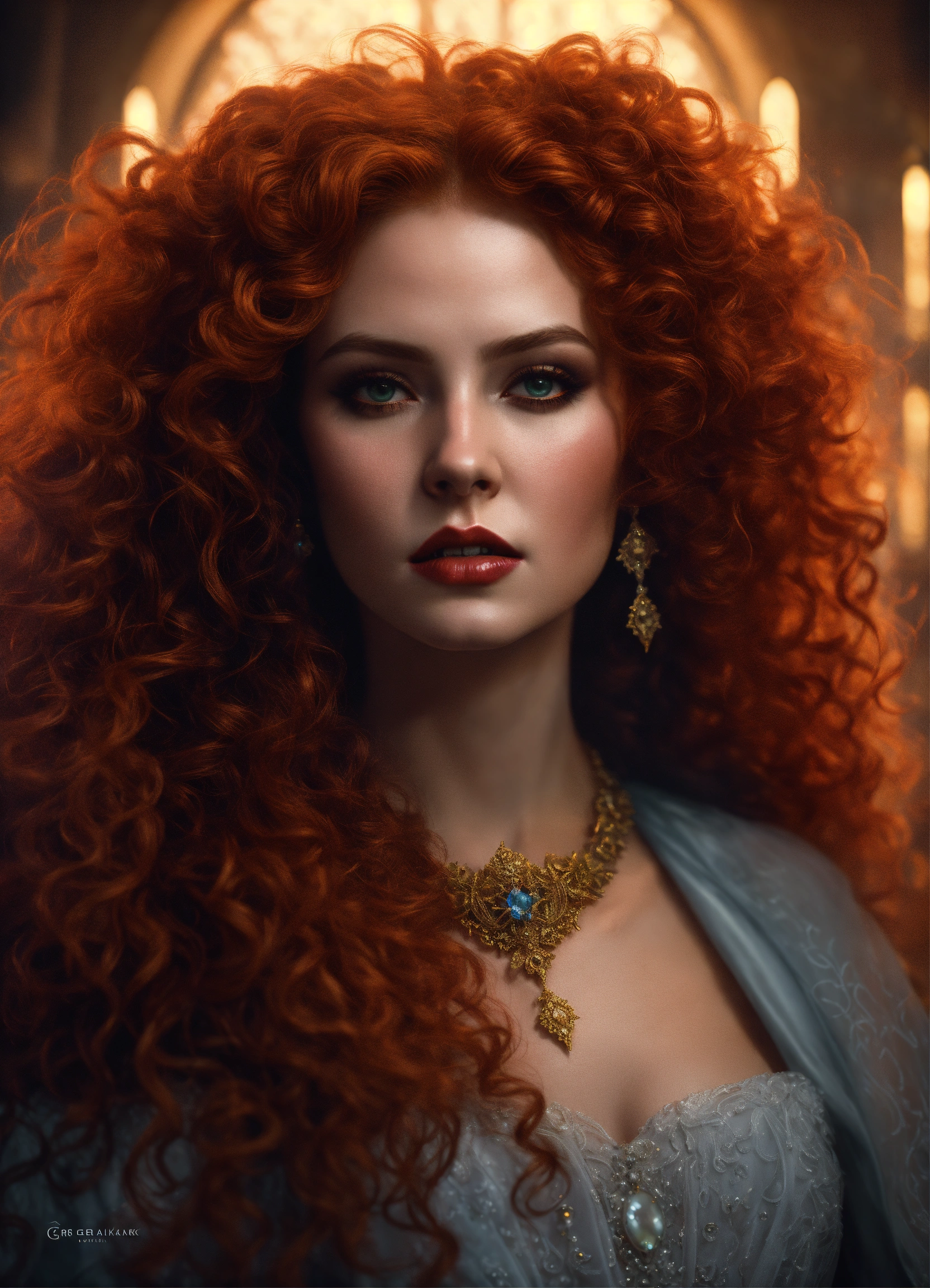 Lexica - "glamorous vampire bride", huge curly Merida hair, gothic ...