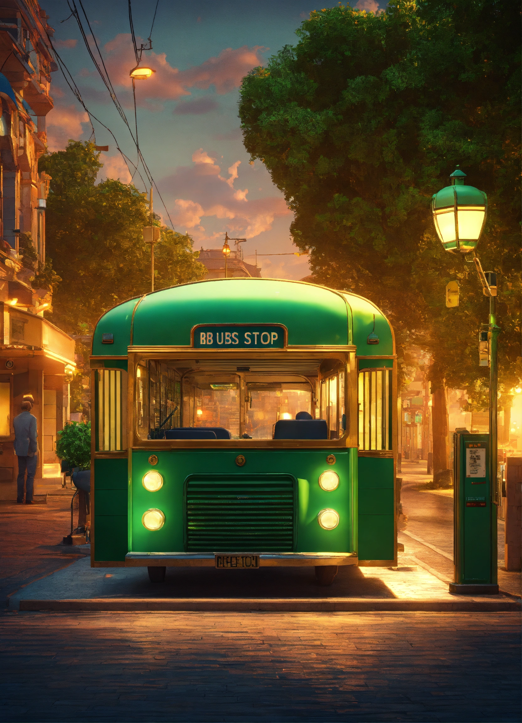 Lexica - Retro bus stop in the town, green colors, gold elements ...