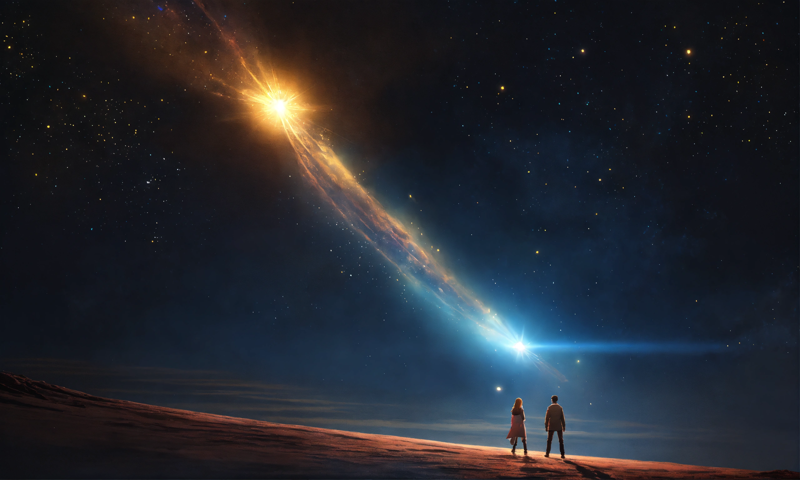 Lexica - Two flying human figures of light in the darkness of space