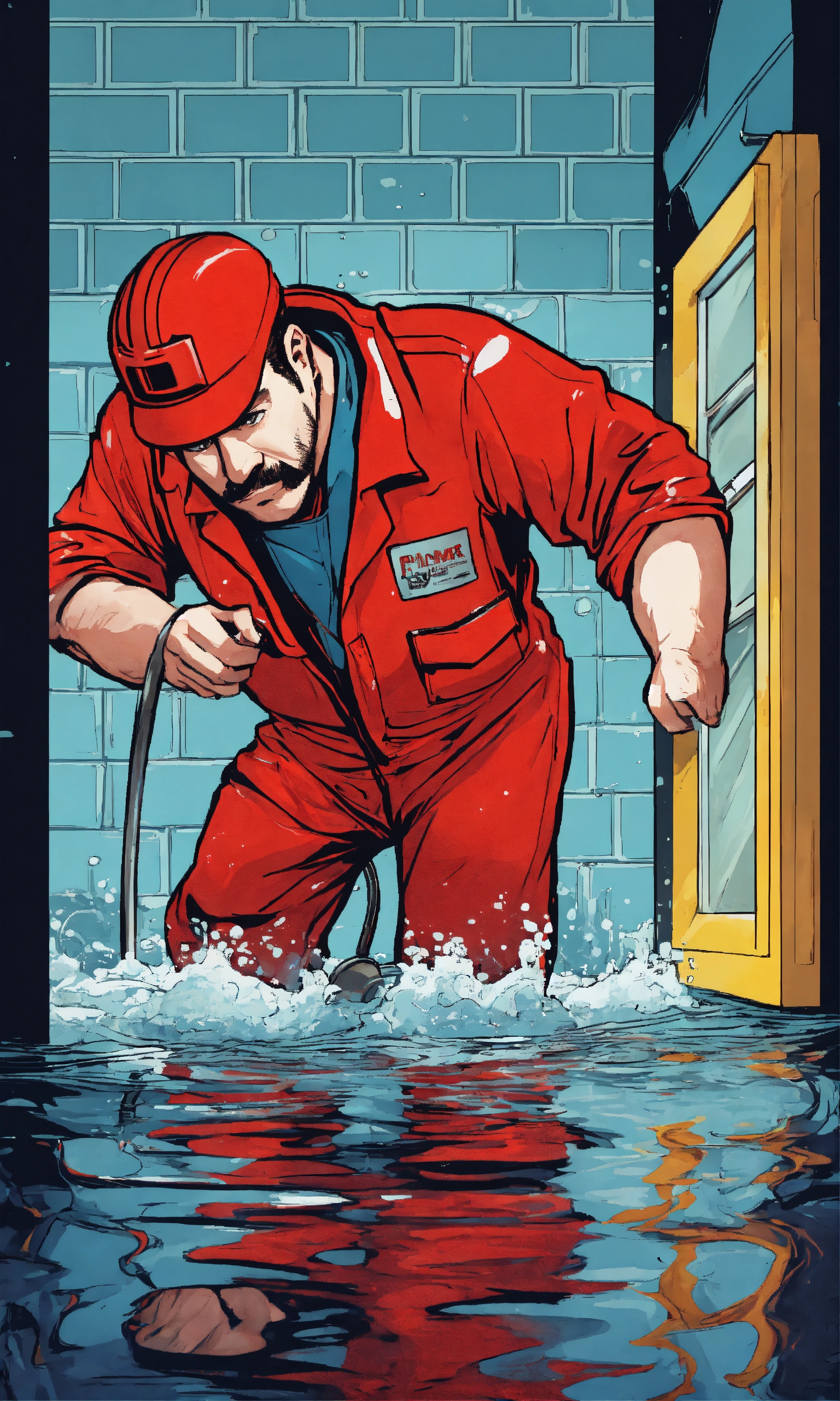 Lexica - A plumber in a red overall outfit and a red hard helm stands ...