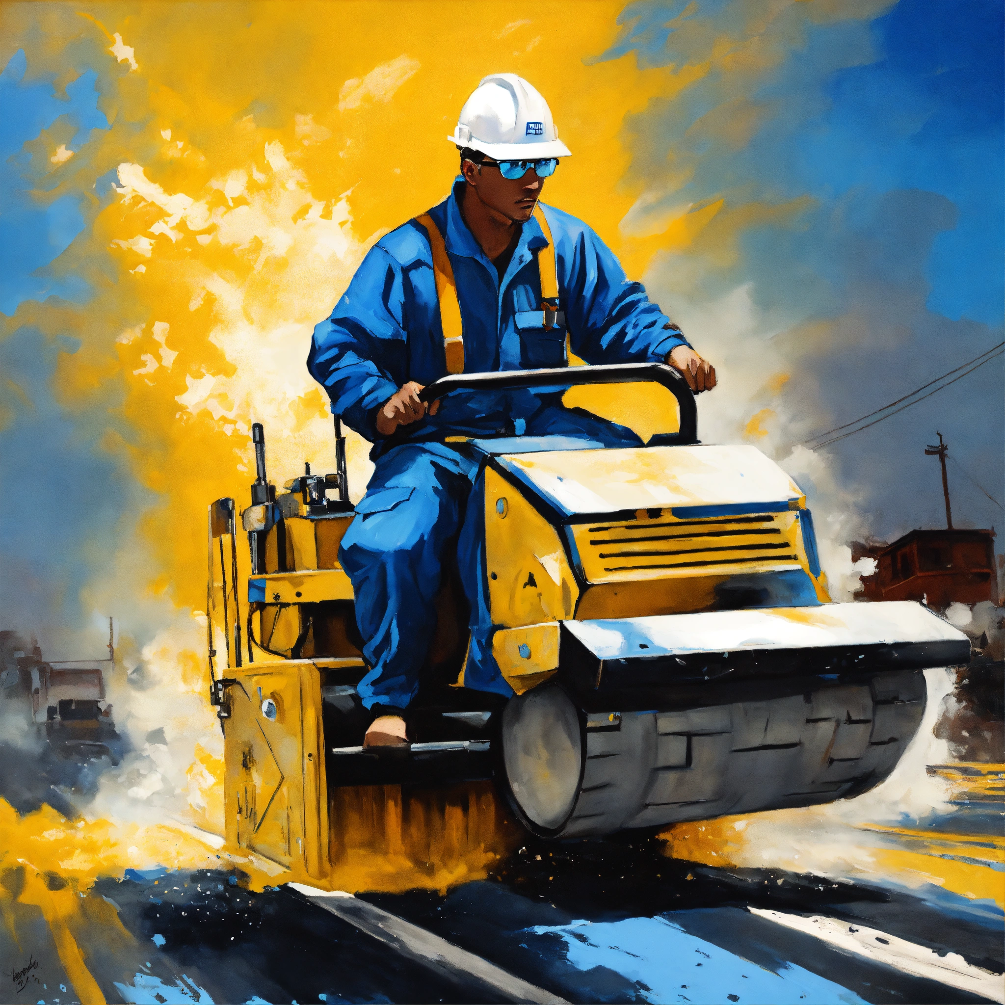 Lexica - Painting of a construction worker riding a asphalt paver into ...