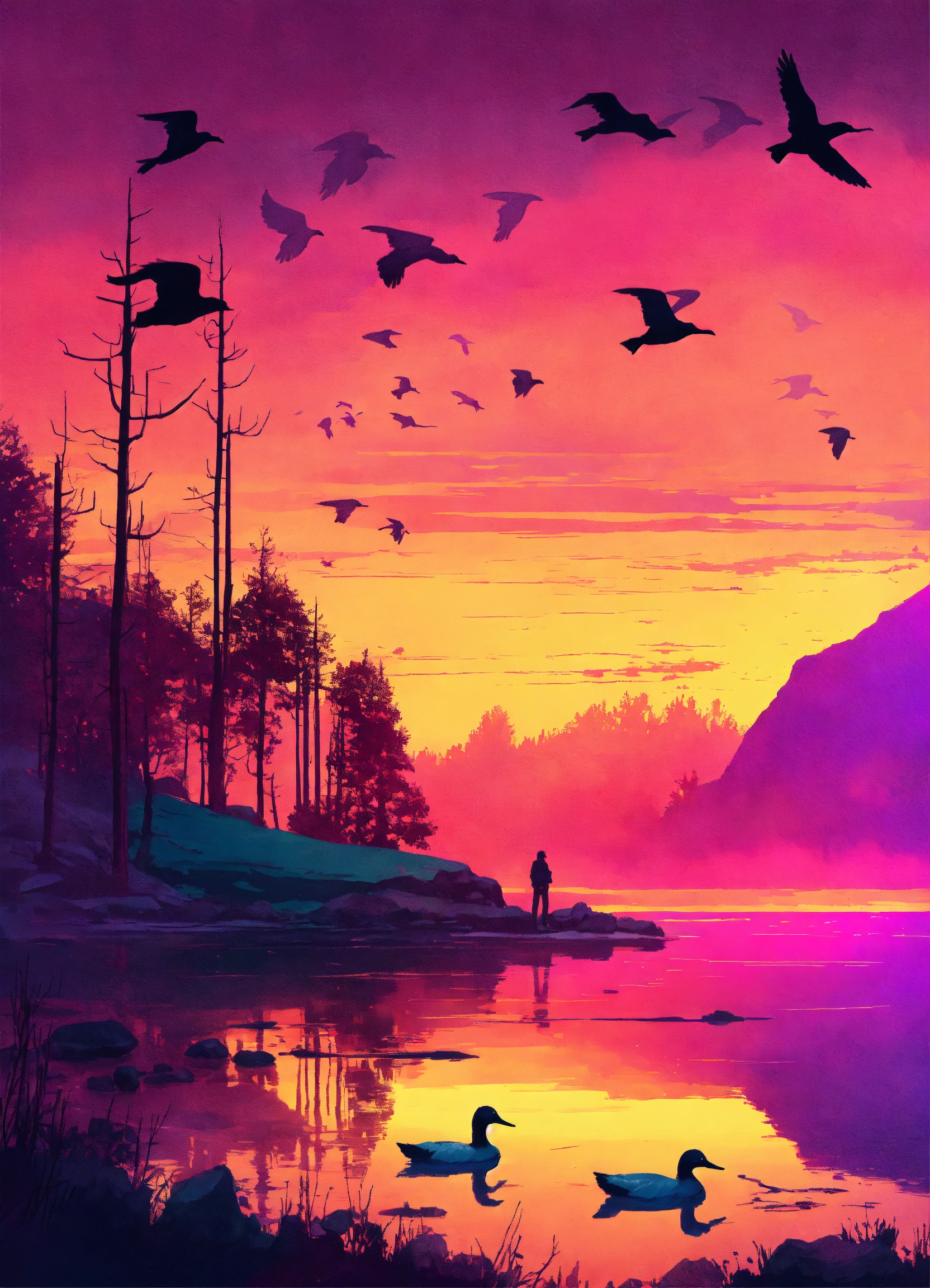 Lexica - Concept art landscape fluorescent of a lake with a hunter ...