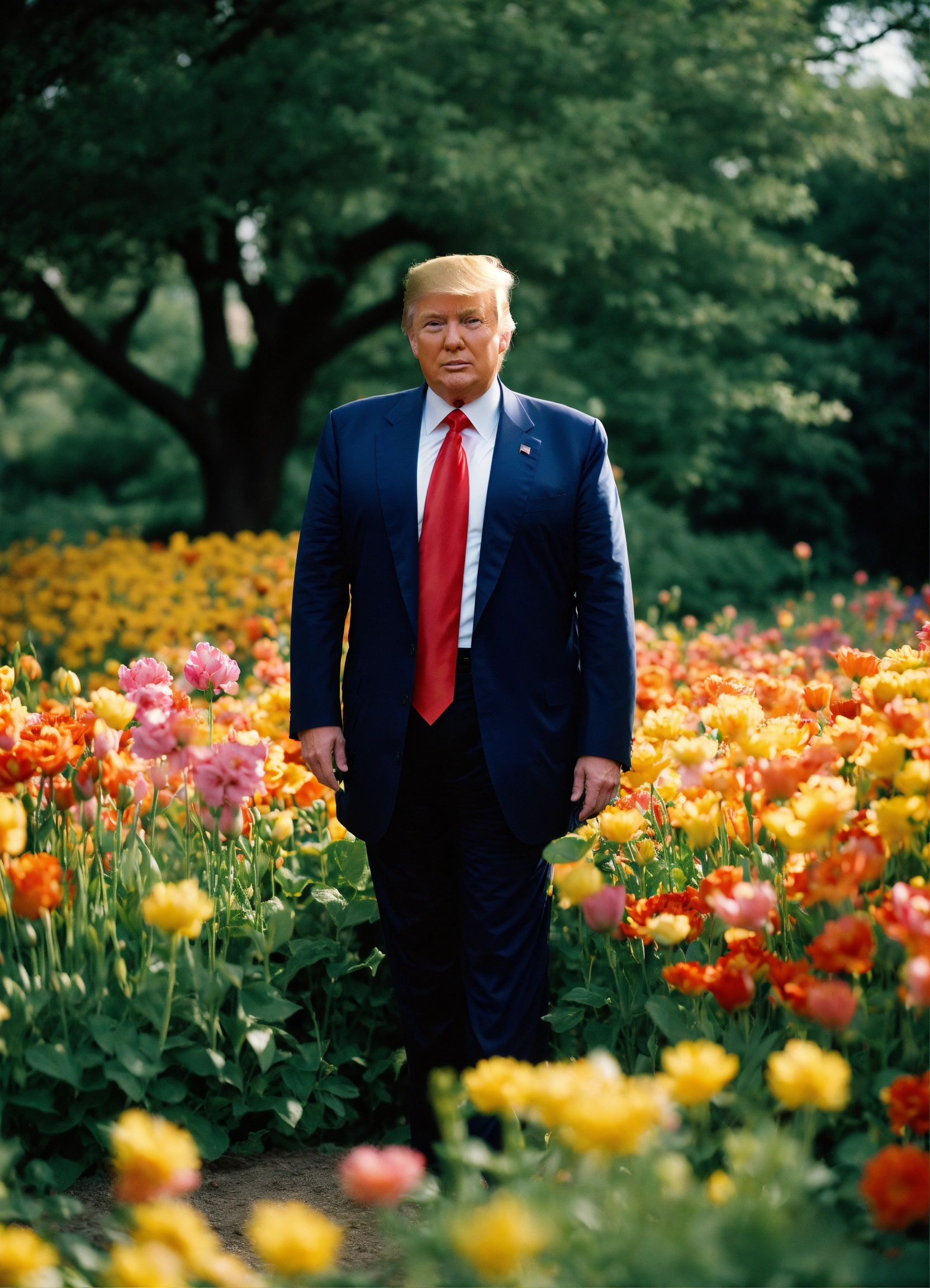 Lexica - Happy Donald Trump standing in a beautiful field of flowers ...