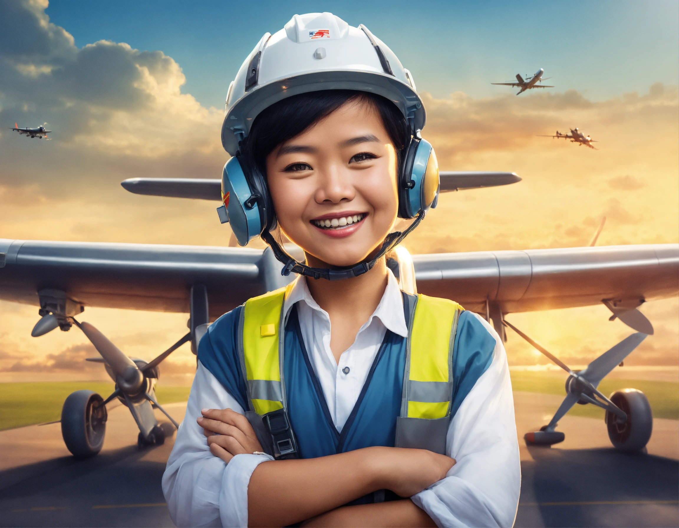 Lexica - Aircraft engineering using vest, safety helmet, smiling, Indonesian face, aircraft ...