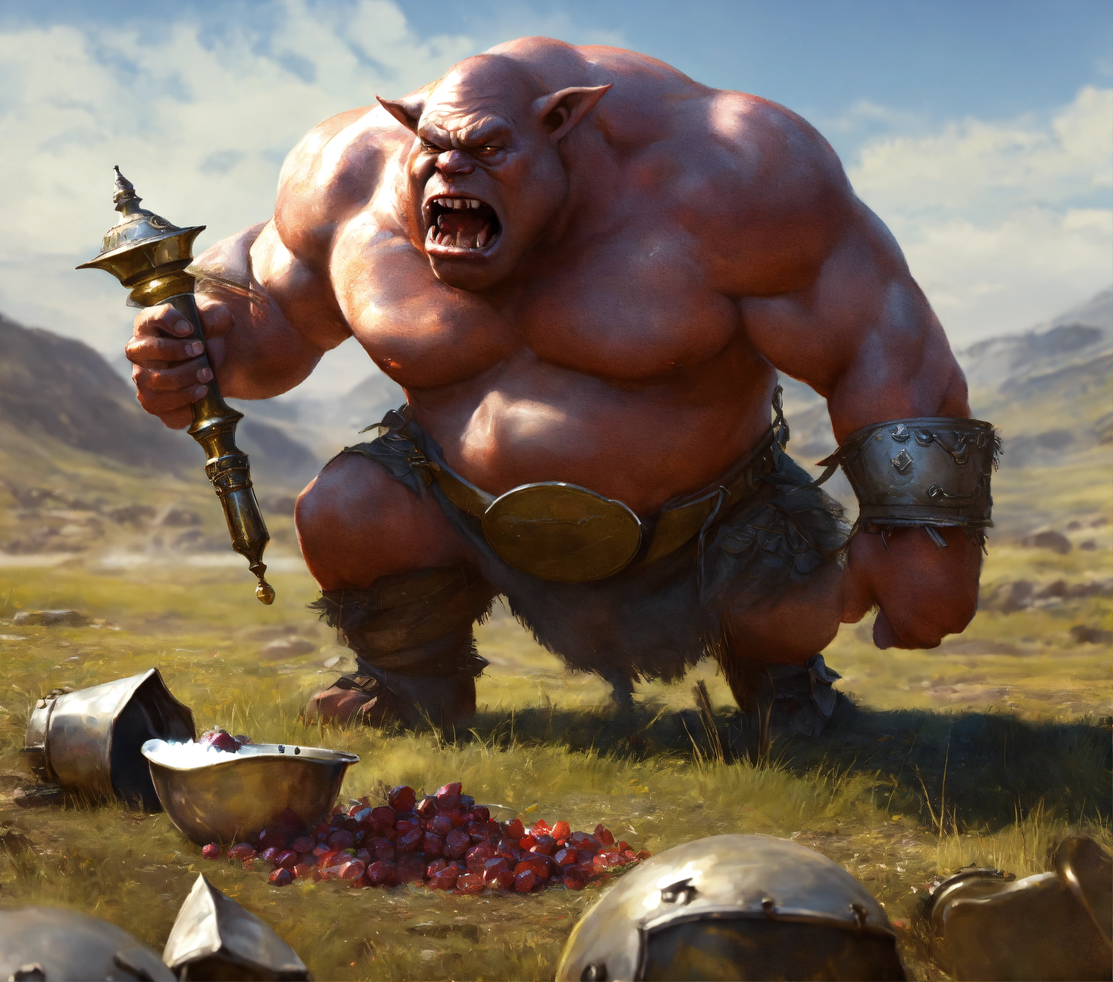 Lexica - Ogre eating metallic item on battlefield, digital painting ...